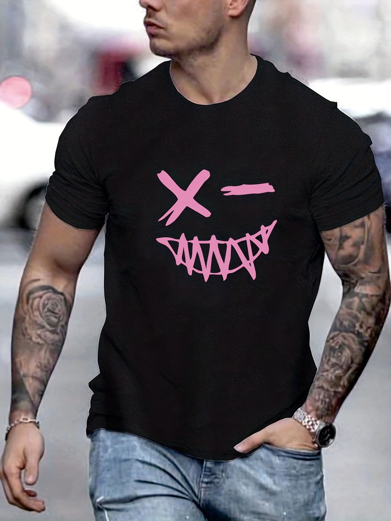 Trendy Cartoon Smiling Face Print Mens T Shirt Crew Neck Temu Australia