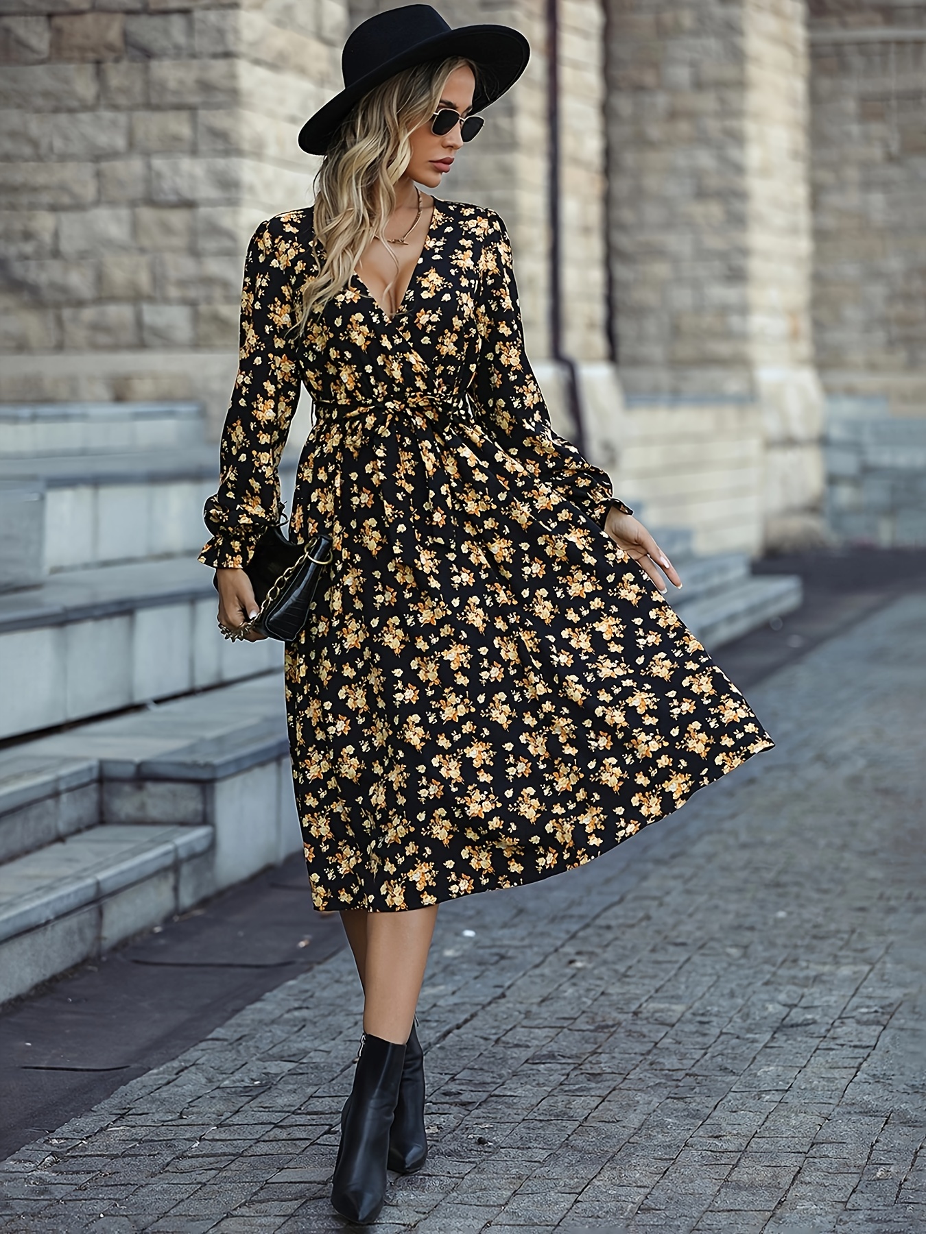 Floral Print Lantern Sleeve Dress Tie waist Surplice Neck - Temu Canada