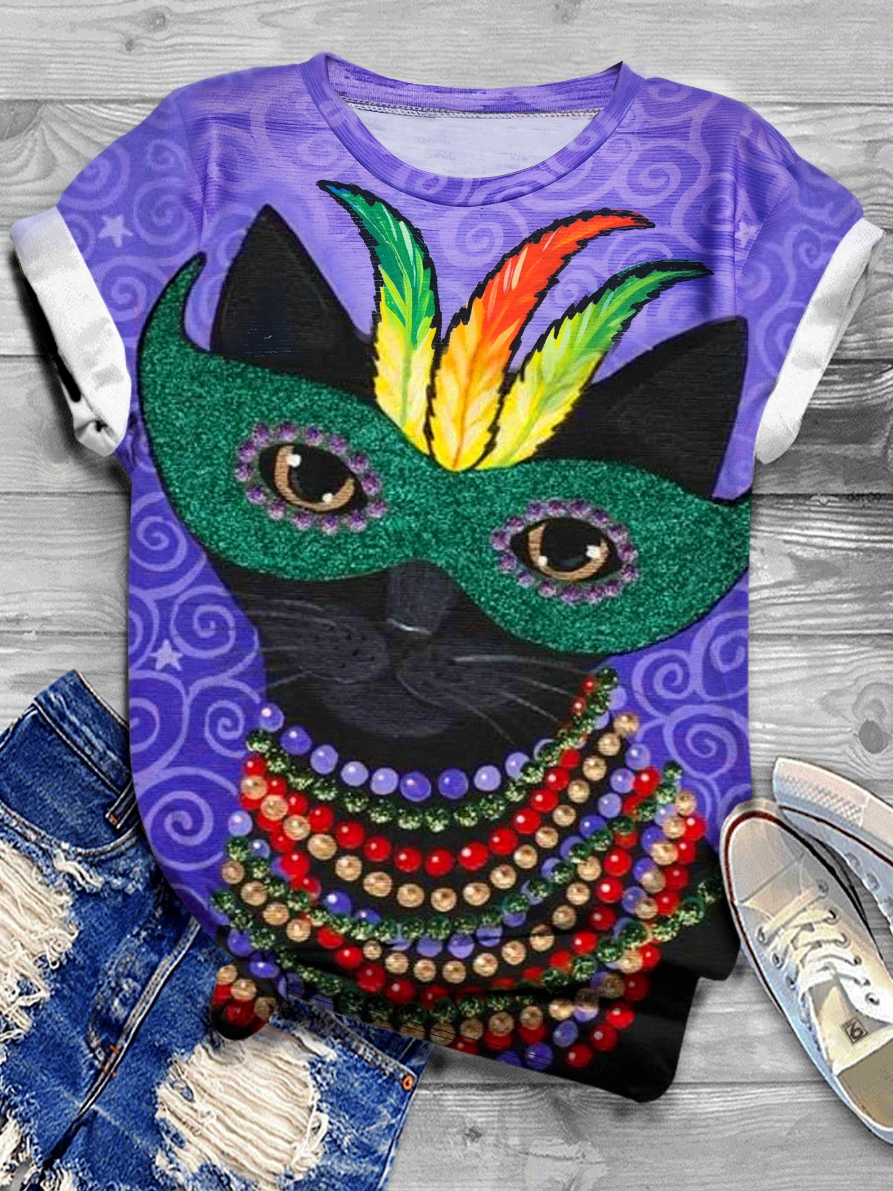 Plus Size Cat Print T shirt Casual Short Sleeve Top Spring - Temu South ...