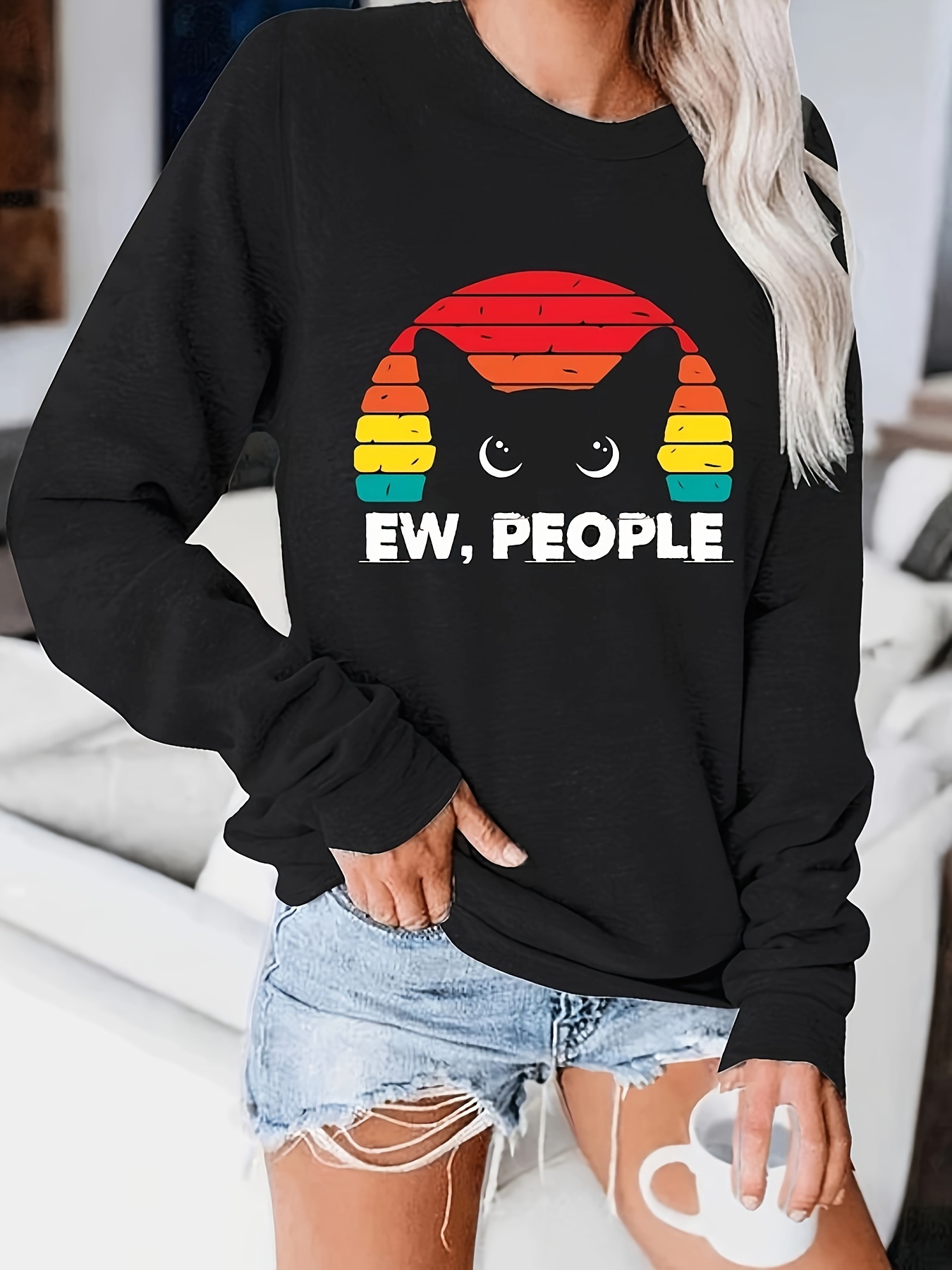 Cat Ew People Cat Lovers Print T shirt Long Sleeve Crew Neck - Temu Canada