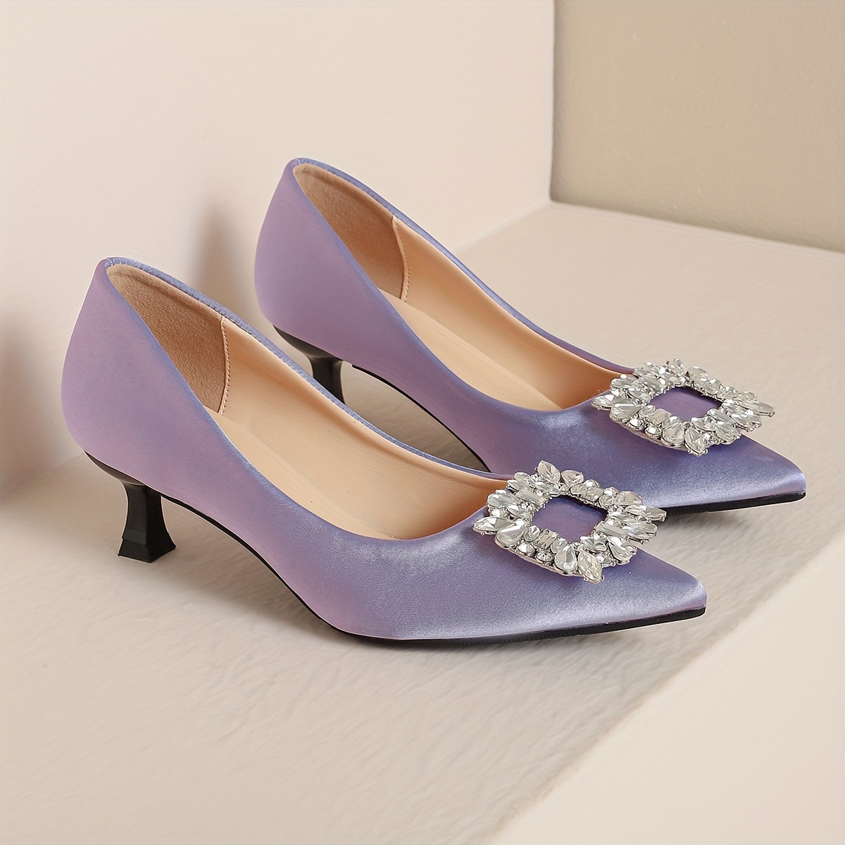 Womens Rhinestone Buckle Kitten Heels Pointed Toe Solid - Temu United ...