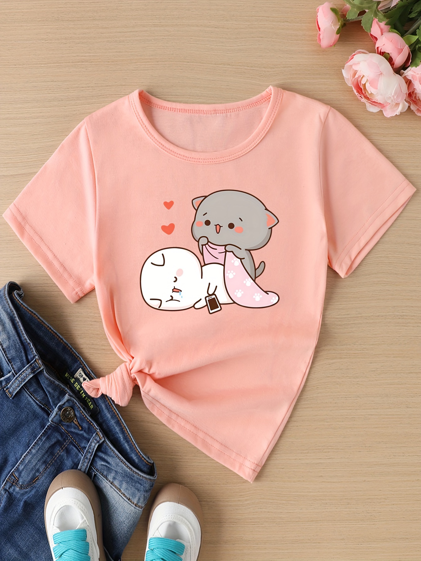 Girls Adorable Cat Letter Print Short Sleeve T shirt Casual - Temu ...