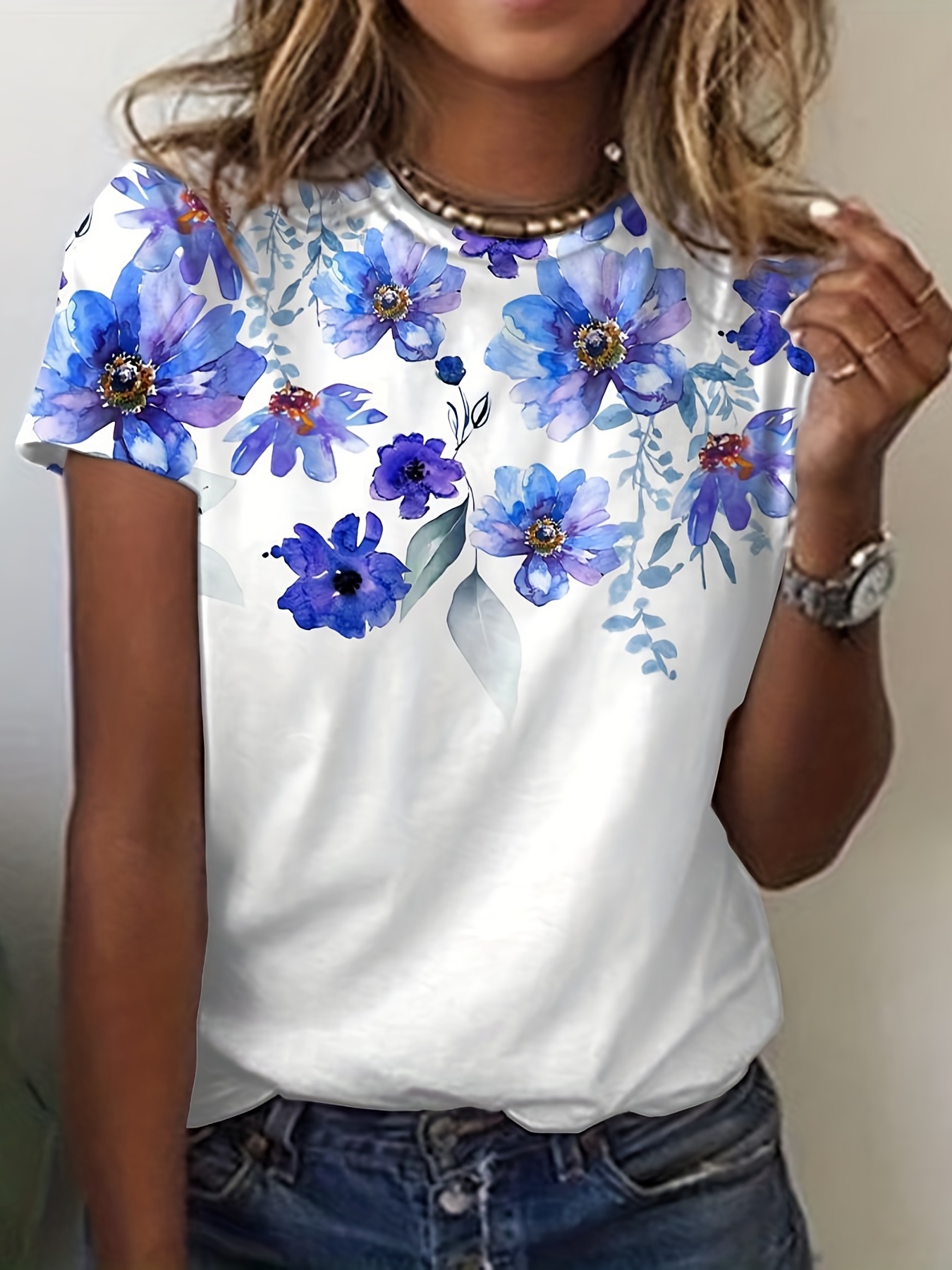 花柄クルーネックtシャツ、春夏カジュアル半袖トップス、婦人服 Temu Japan