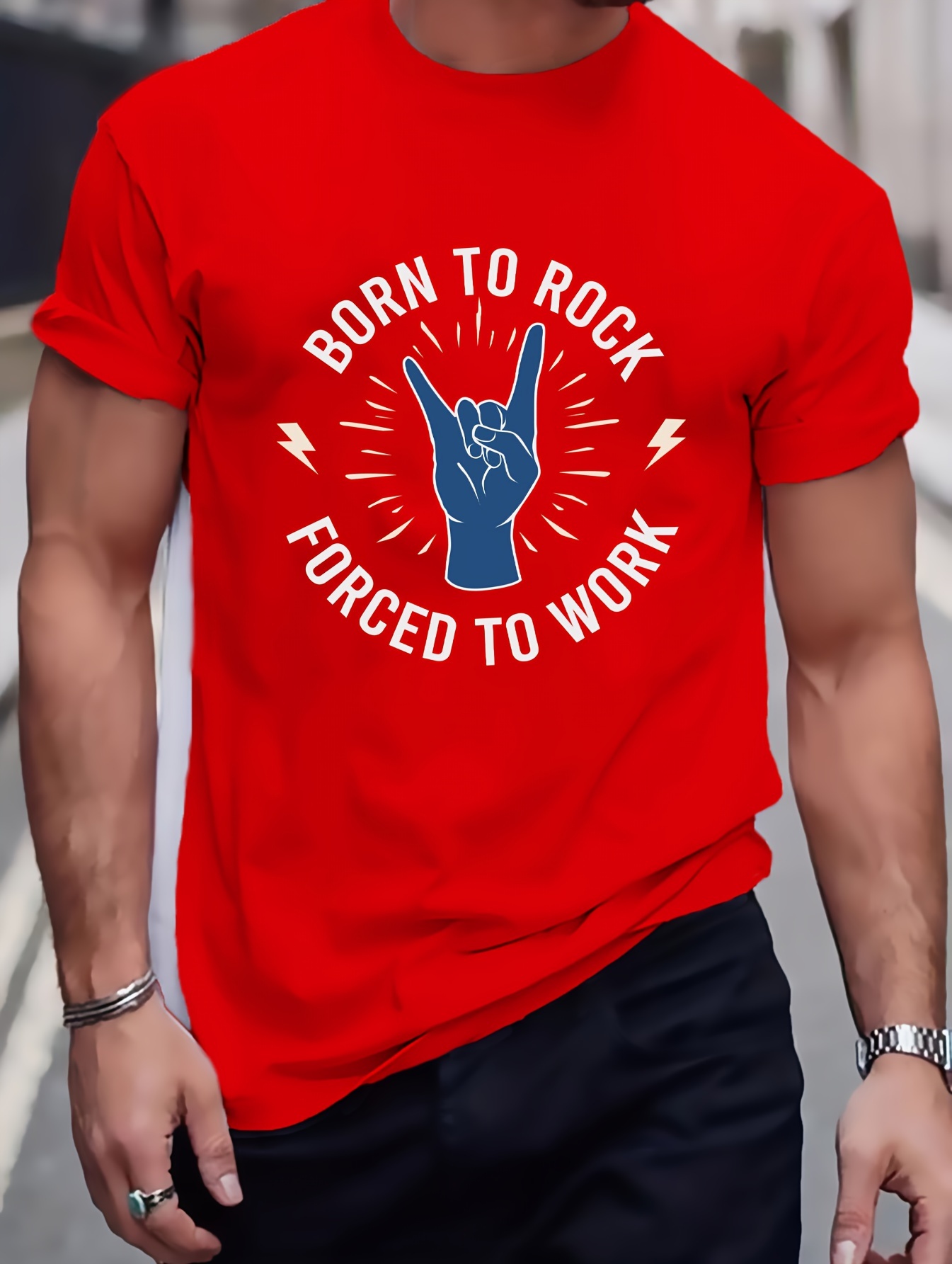 Plus Size Rock Gesture Letter Print Men's Stylish Crew Neck - Temu New ...