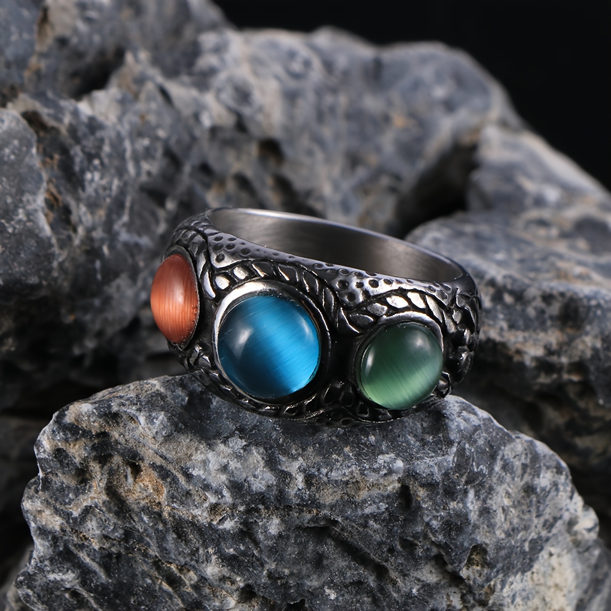 Retro Ethnic Style Synthetic Opal Stainless Steel Ring - Temu United ...