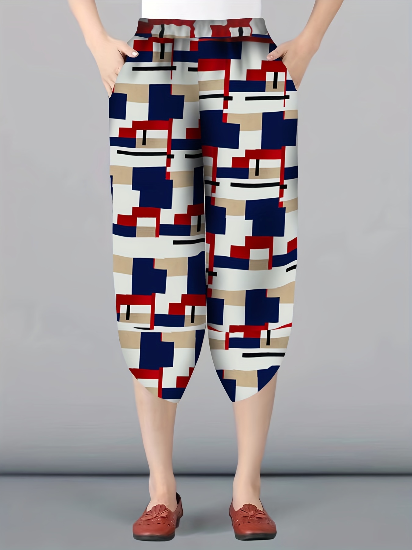 Geometric Print Capri Pants Casual Slant Pocket Cropped - Temu Australia