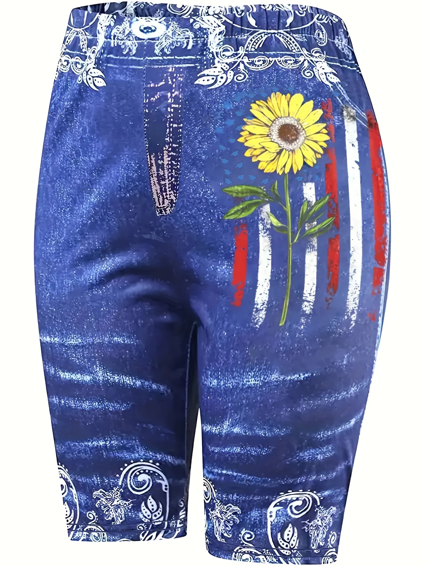 Plus Size Casual Denim Print Shorts Women's Plus Floral - Temu