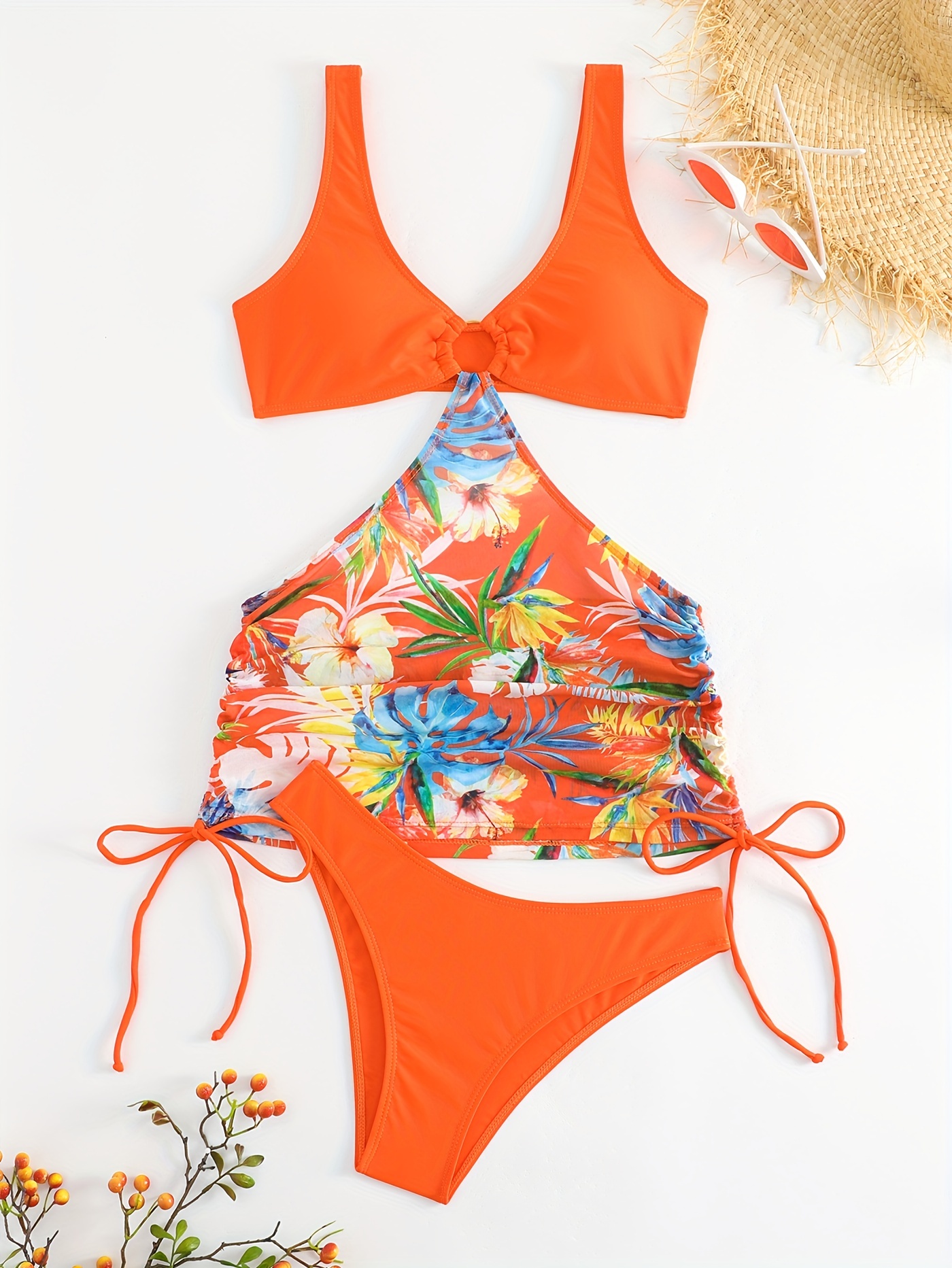 tropical floral print drawstring ring tankini v neck hollow - Temu New ...