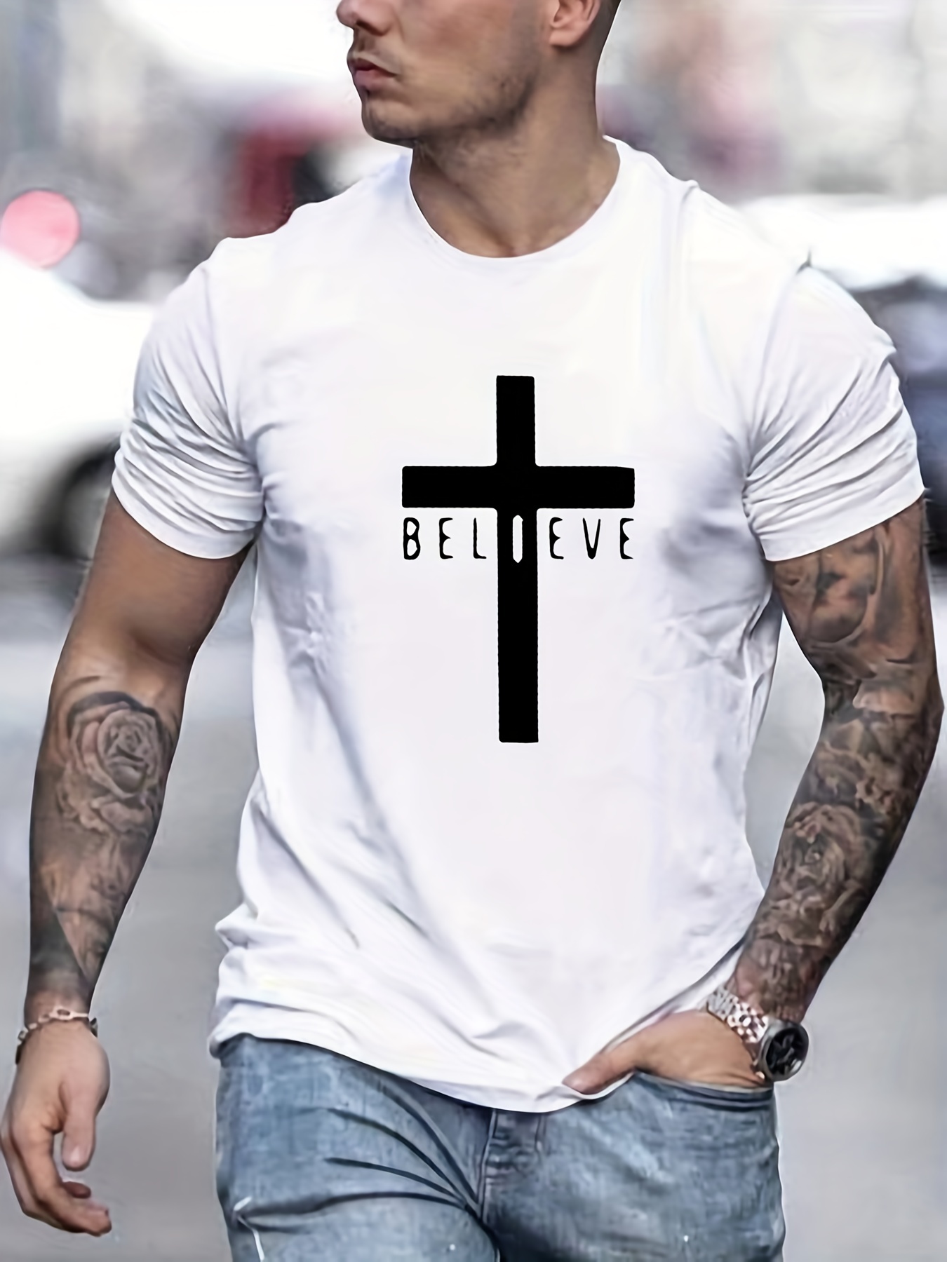 Plus Size Mens Cotton Trendy Graphic Believe T Shirt Temu Norway