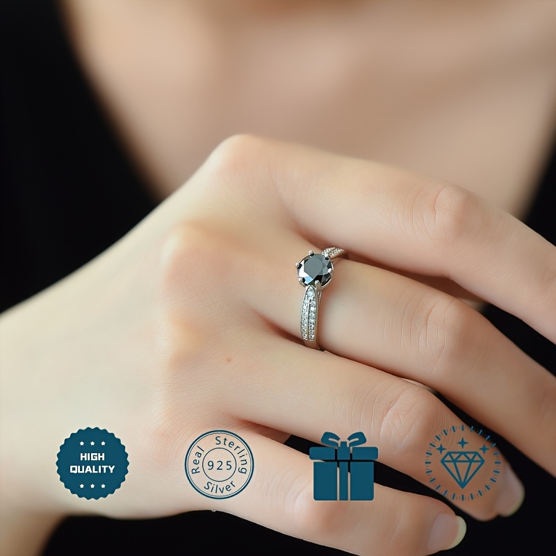 S925 Sterling Silver Ring Round Cut 6 Prongs Black - Temu Ireland