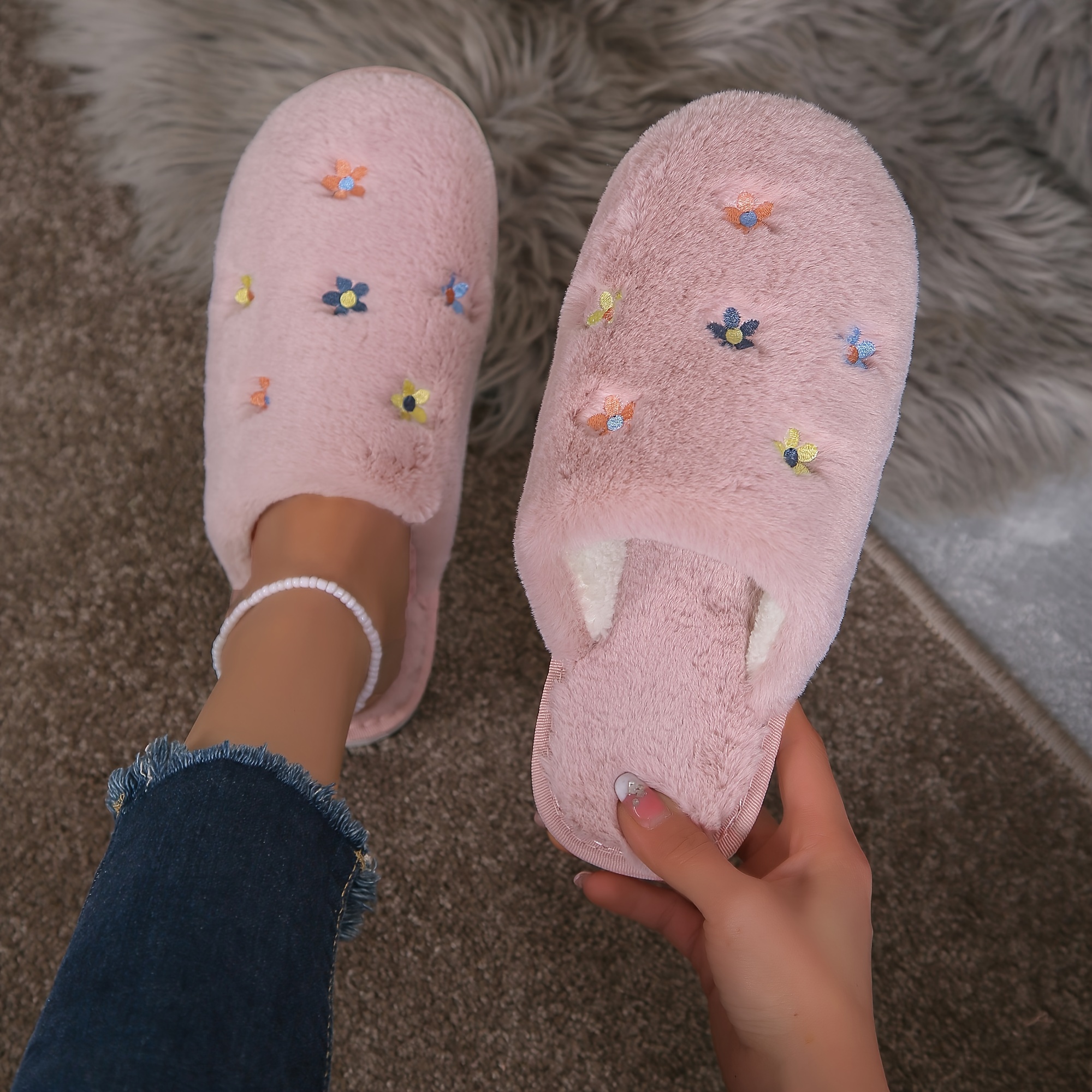 Warm Slippers Floral Print Home Closed Toe Lightweight Flat - Temu Canada