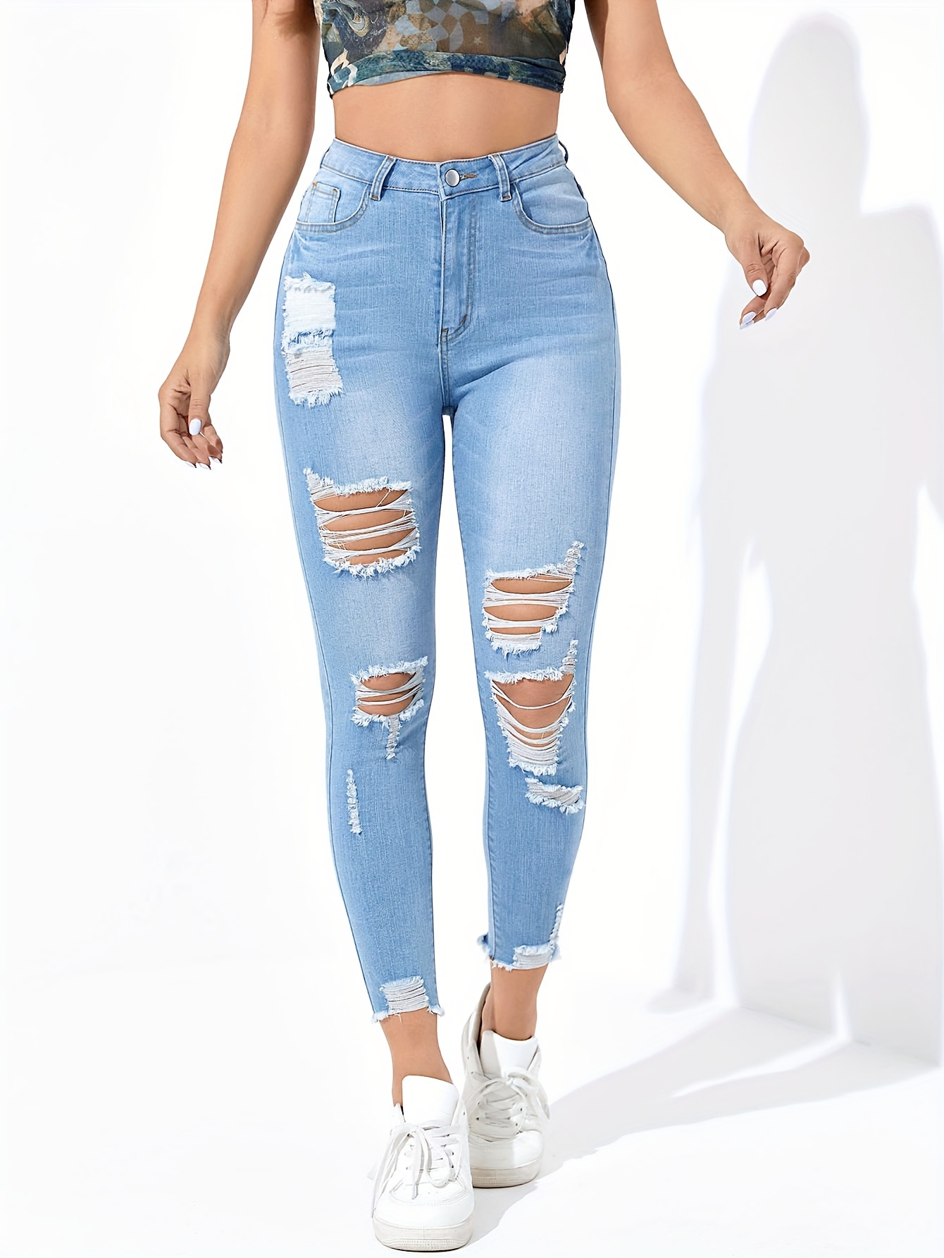 ripped holes casual skinny jeans high waist hem washed - Temu Australia