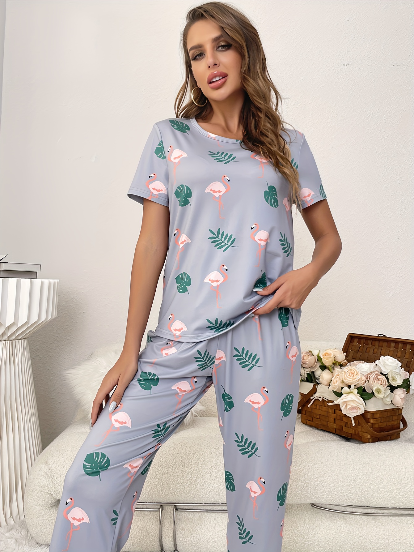 Flamingo Print Pajama Set Short Sleeve Crew Neck Top Elastic - Temu New ...