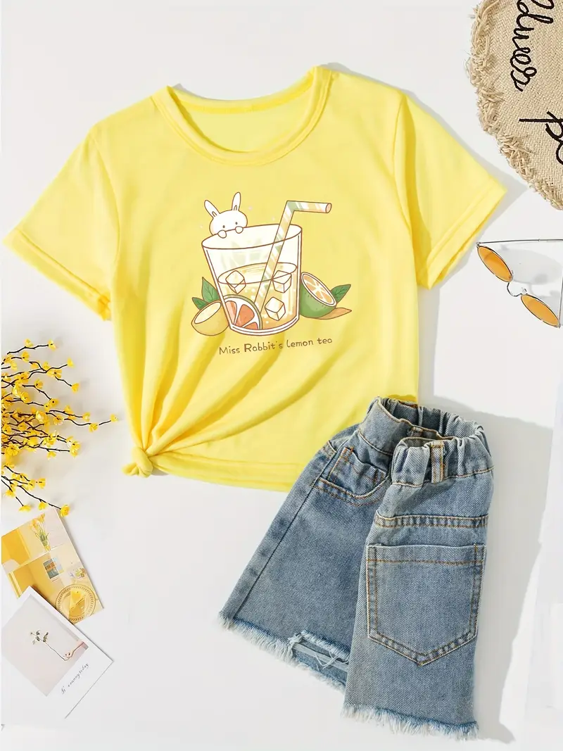 Girls Cute Shirt Lemon Beverage Print Short Sleeve T Shirt Temu Australia