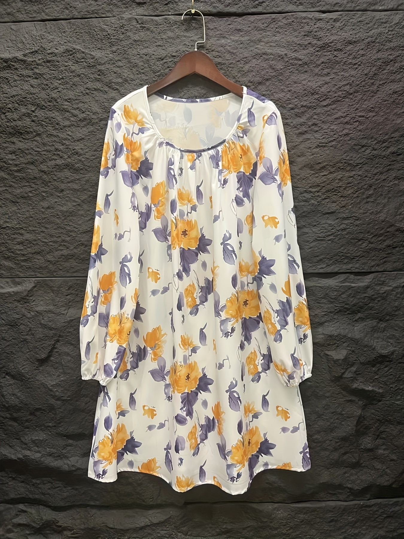 Floral Print Ruched Dress Elegant Scoop Neck Long Sleeve - Temu Australia