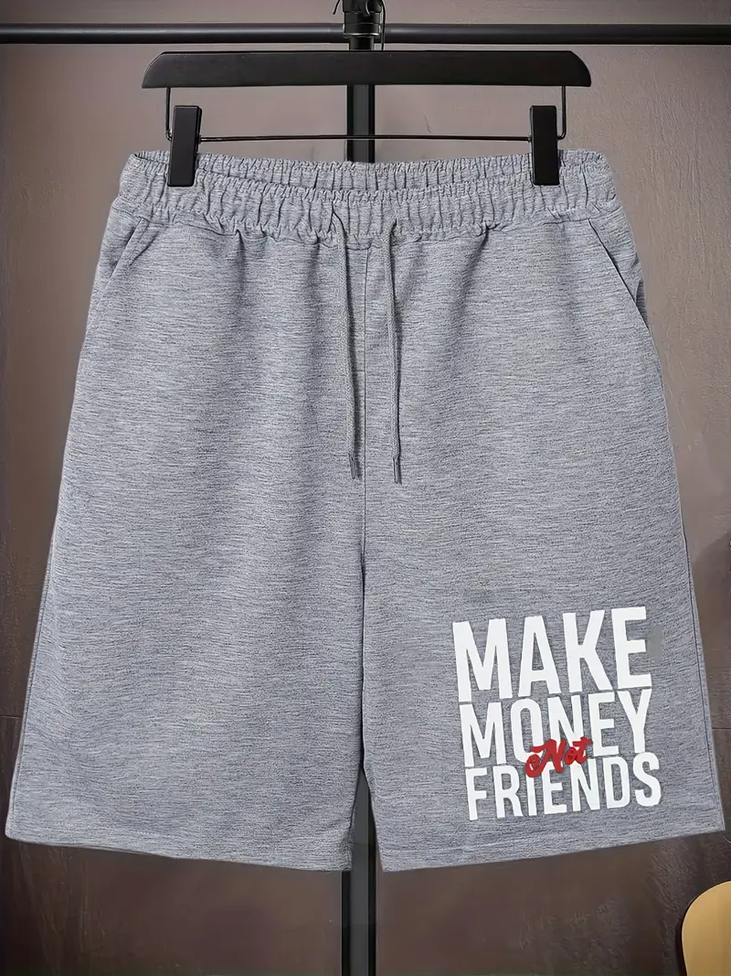 Make Money No Friends Print Elastic Waist Shorts Solid Temu New Zealand