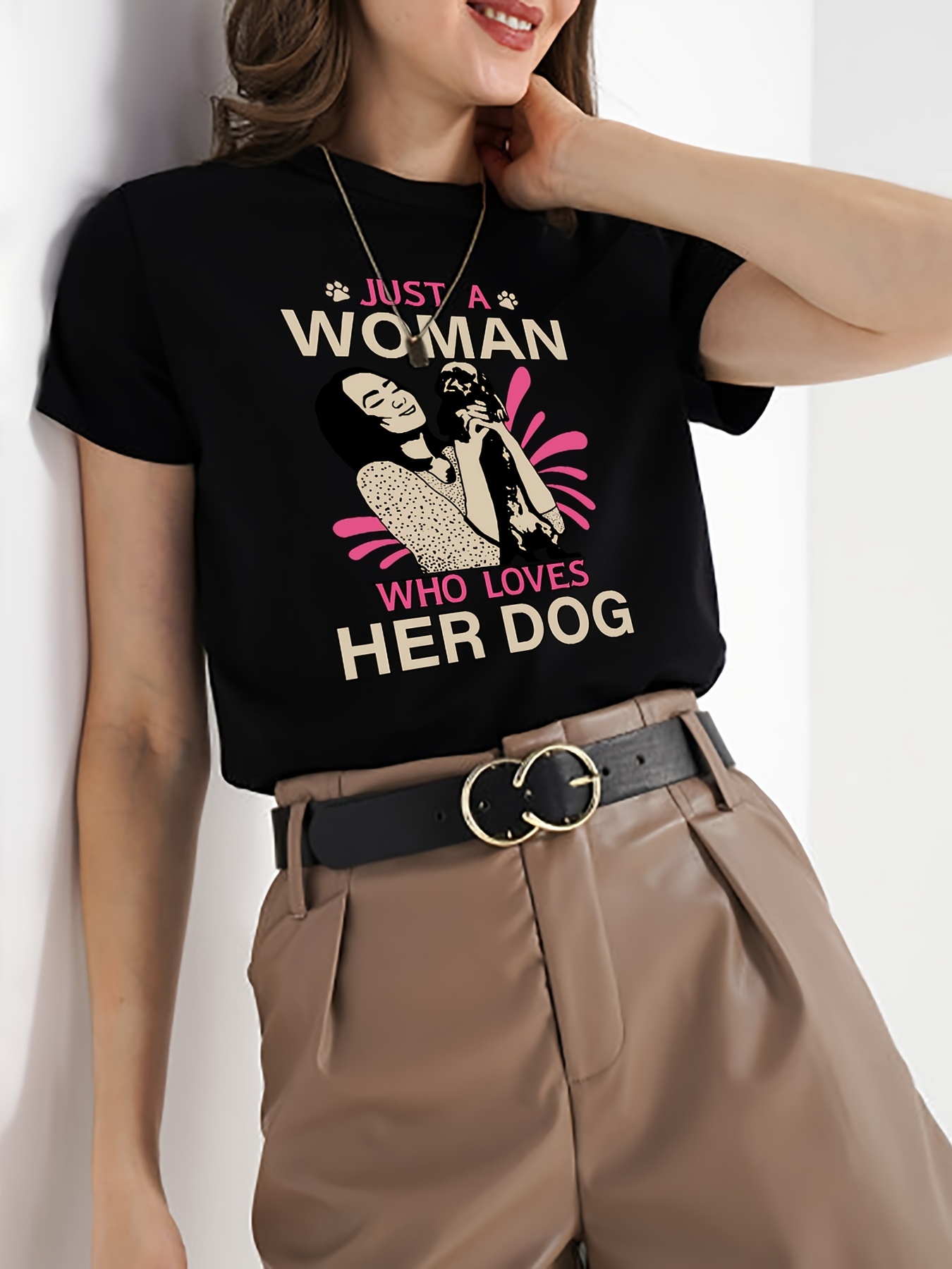 Dog Lover Print T-shirt, Short Sleeve Crew Neck Casual Top For Spring ...