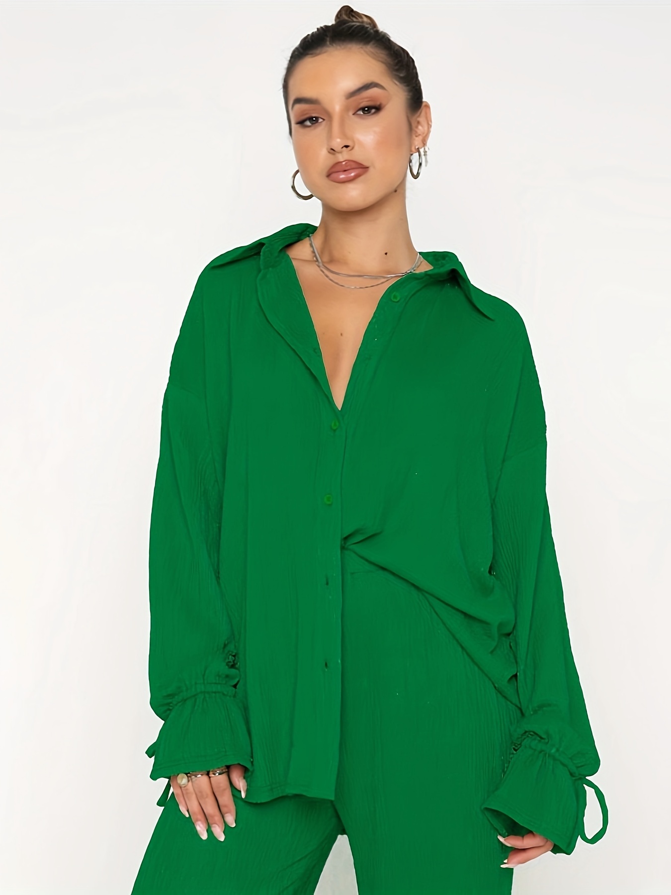 Solid Two piece Set Casual Button Front Drawstring Shirt - Temu United ...