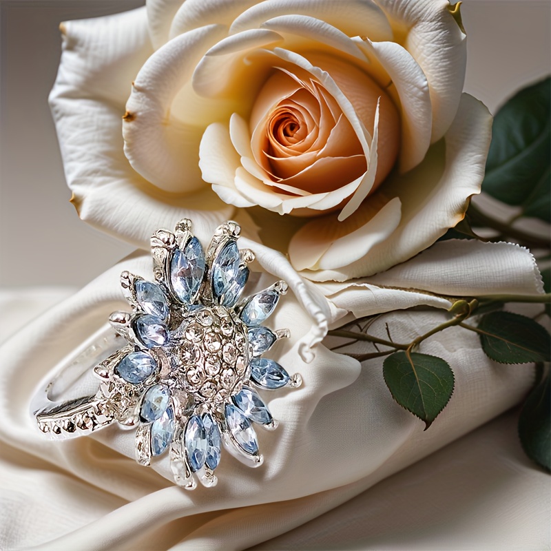 Inlaid Light Blue Cubic Zirconia Sunflower Ring, Men's Ring Birthday ...