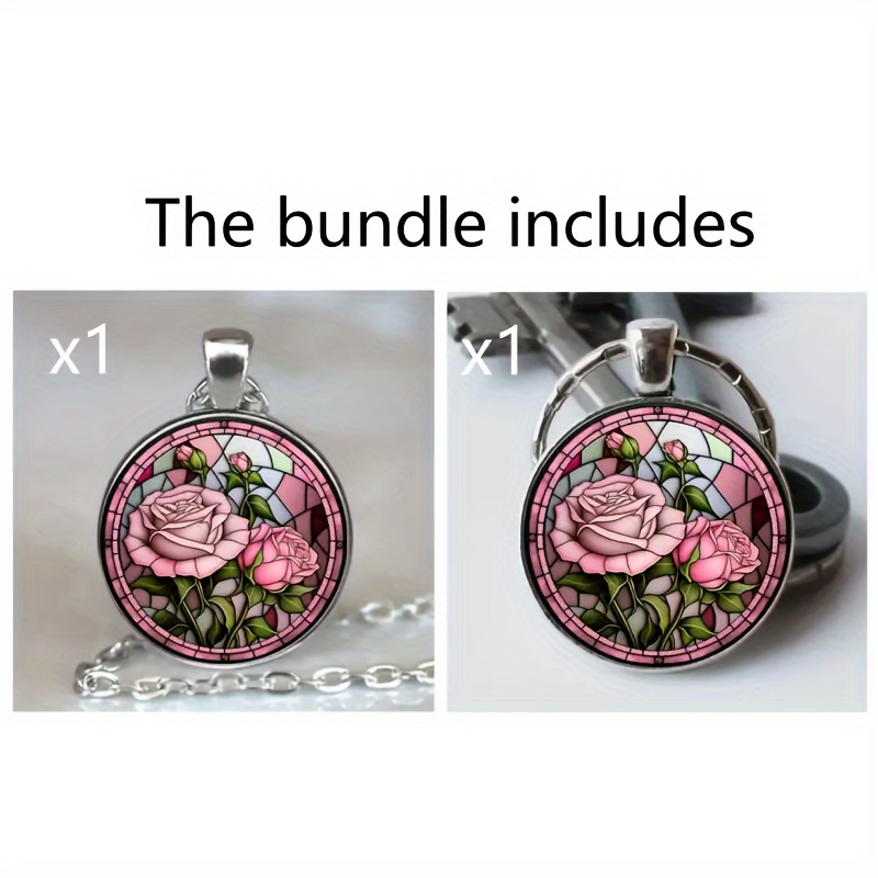 1pc 2pcs Rose Flower Keychain And Necklace For Men Fashionable Round ...