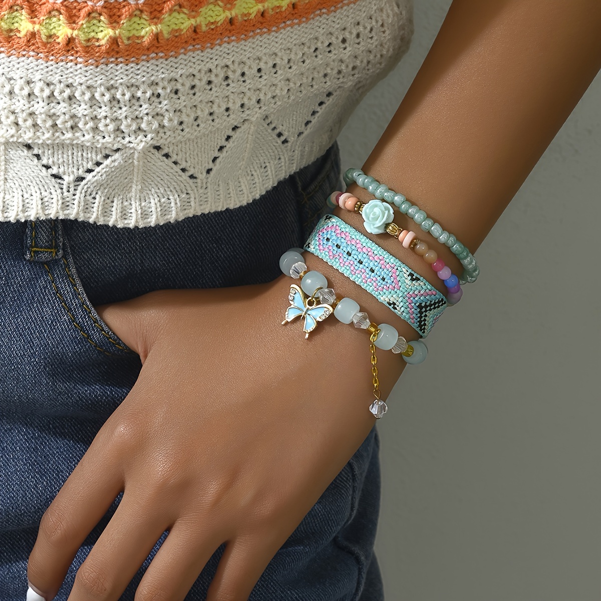 4pcs Colorful Seed Beads Beaded Braided Bracelet Set Boho Style Hand