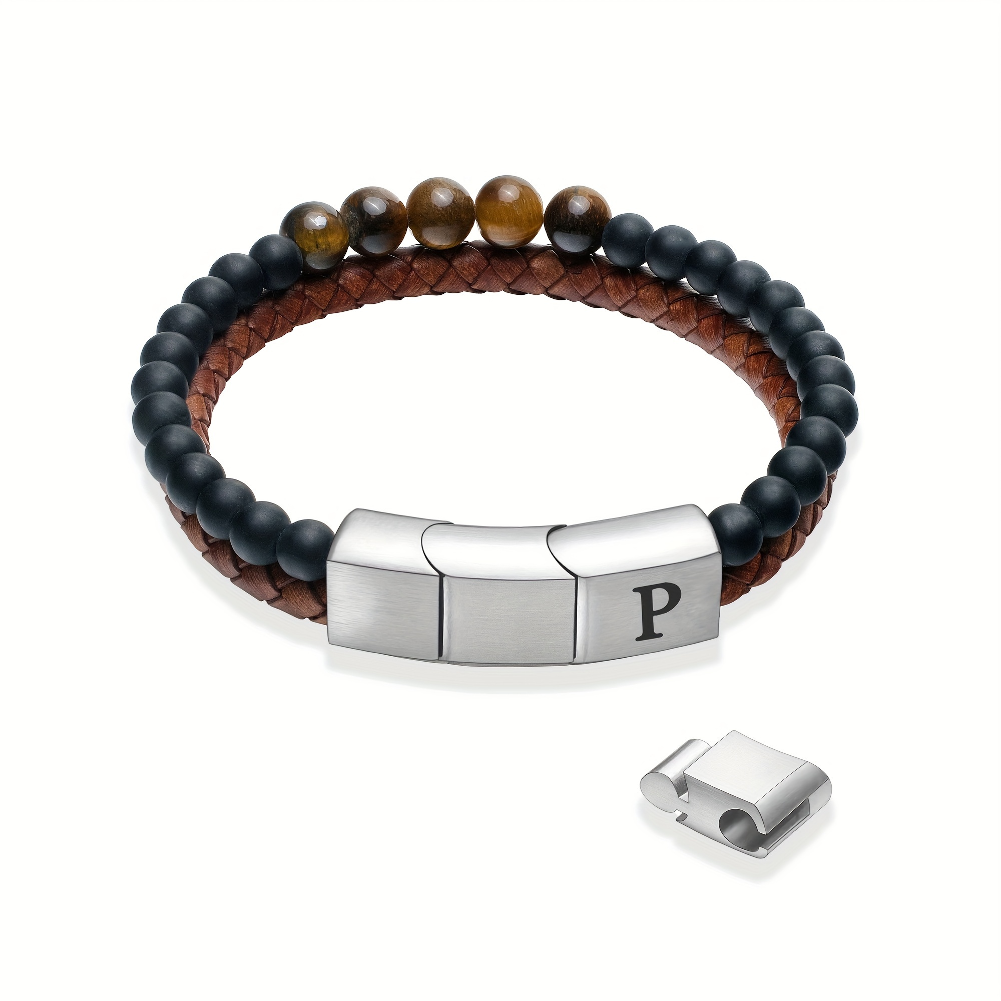 Leather Layered Beads Bracelets Men Natural Tiger Eye Stone - Temu ...