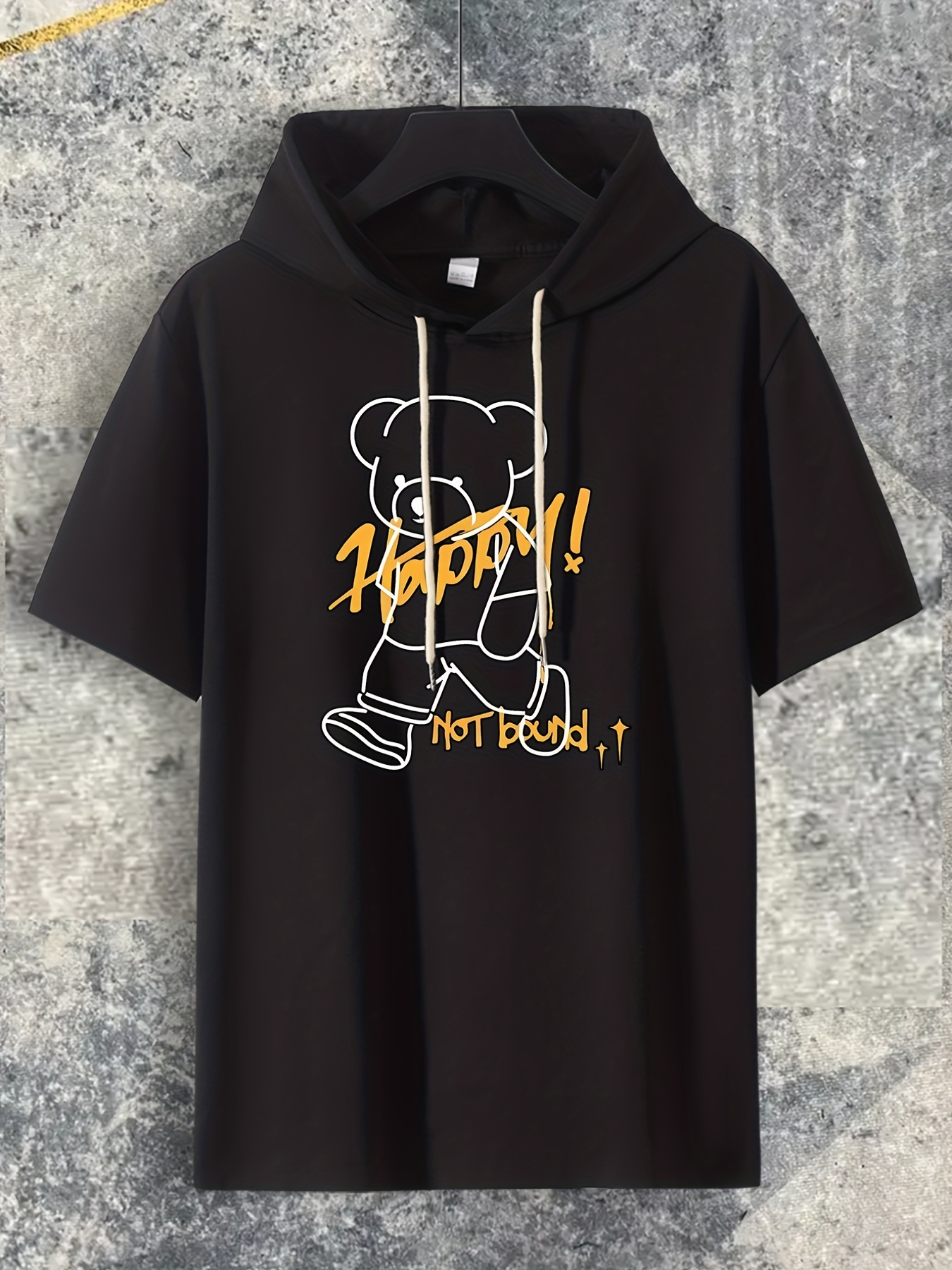 漫画クマ柄「 」プリント巾着半袖パーカー メンズ フード付きtシャツ春夏用 Temu Japan