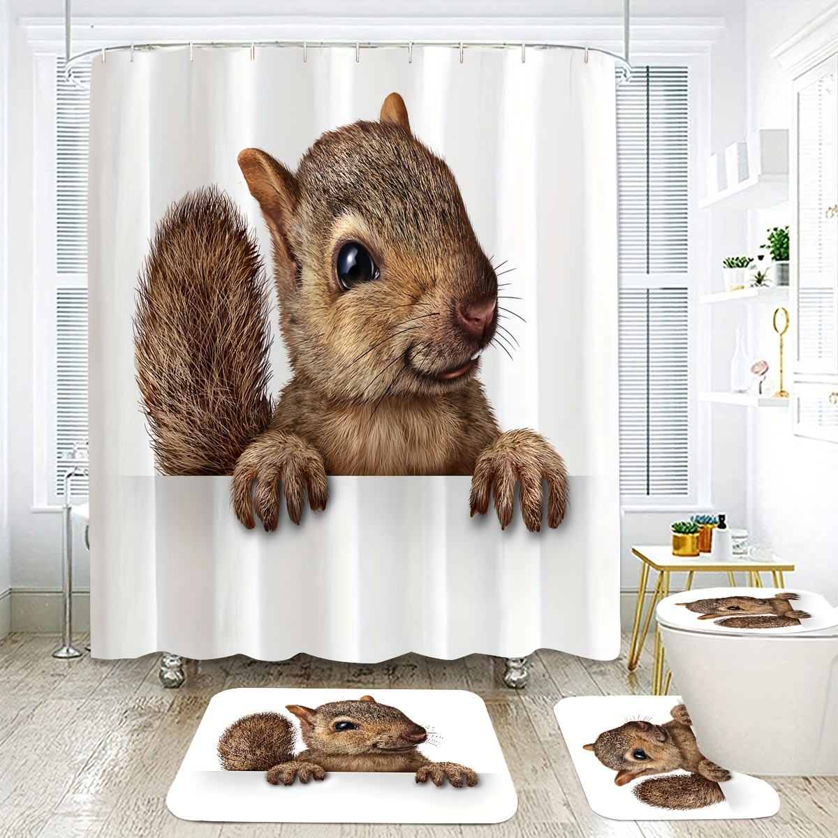 Creative Squirrel Printed Shower Curtain Set Bathroom Rug U - Temu Canada