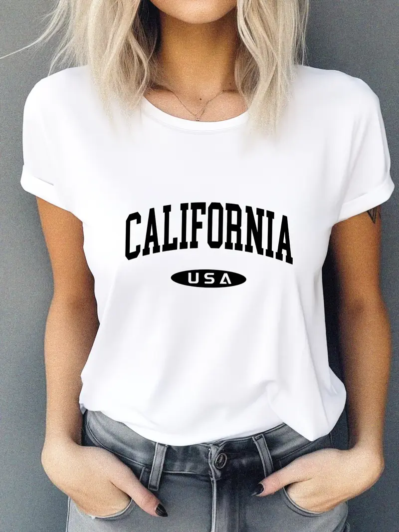 California Letter Print T Shirt Casual Crew Neck Short Temu Ireland