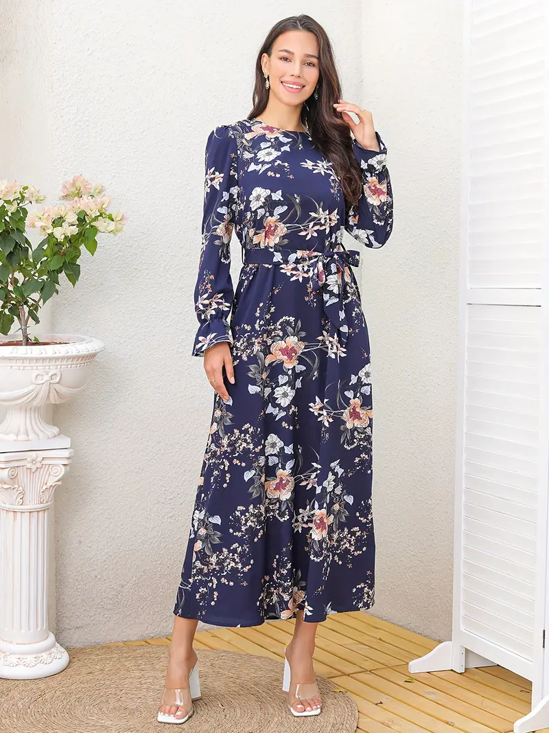 Floral Print Long Sleeve Dress Elegant Ruffle Trim Crew Neck Temu