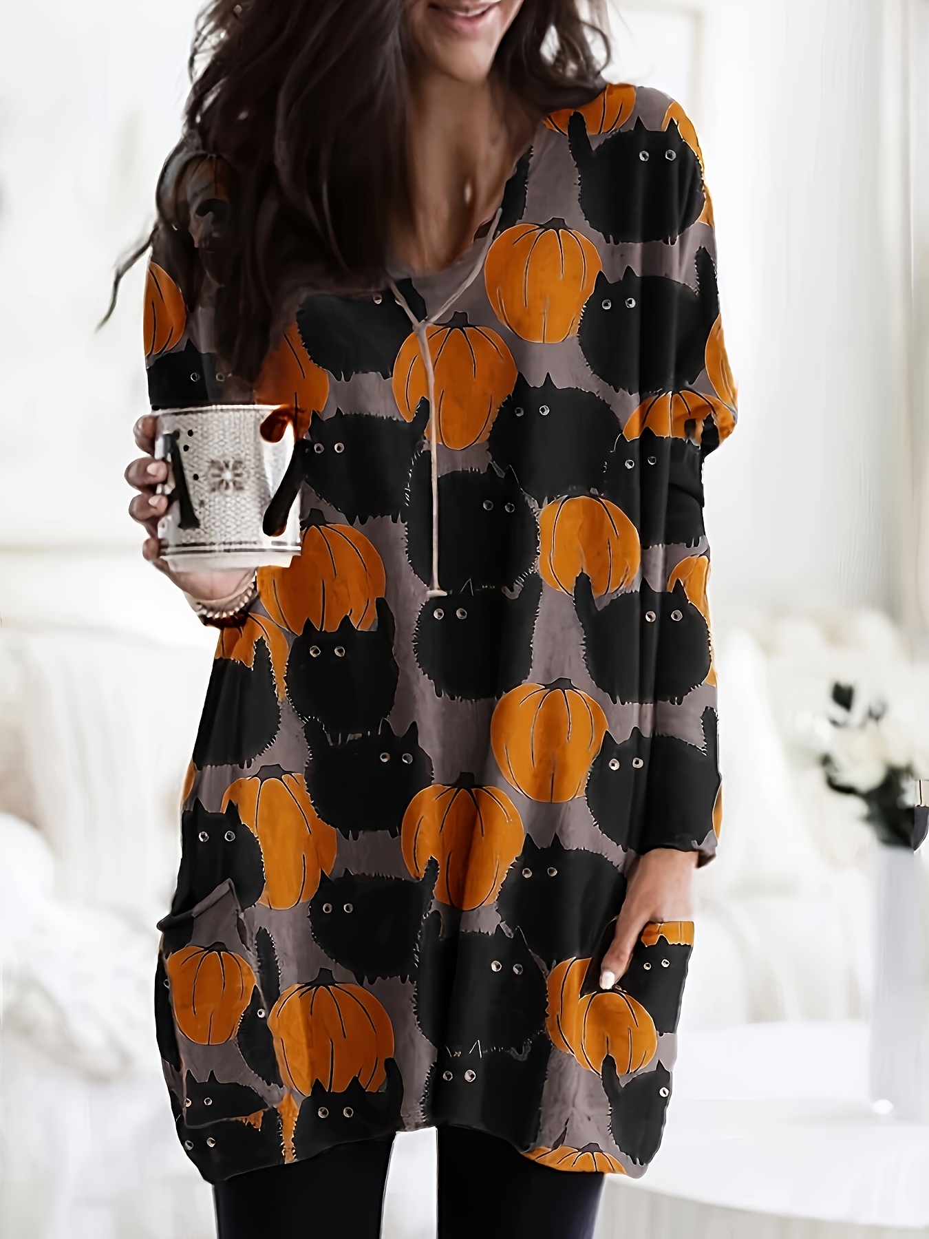 Halloween Cat Pumpkin Print Dress Casual Crew Neck Long - Temu New Zealand