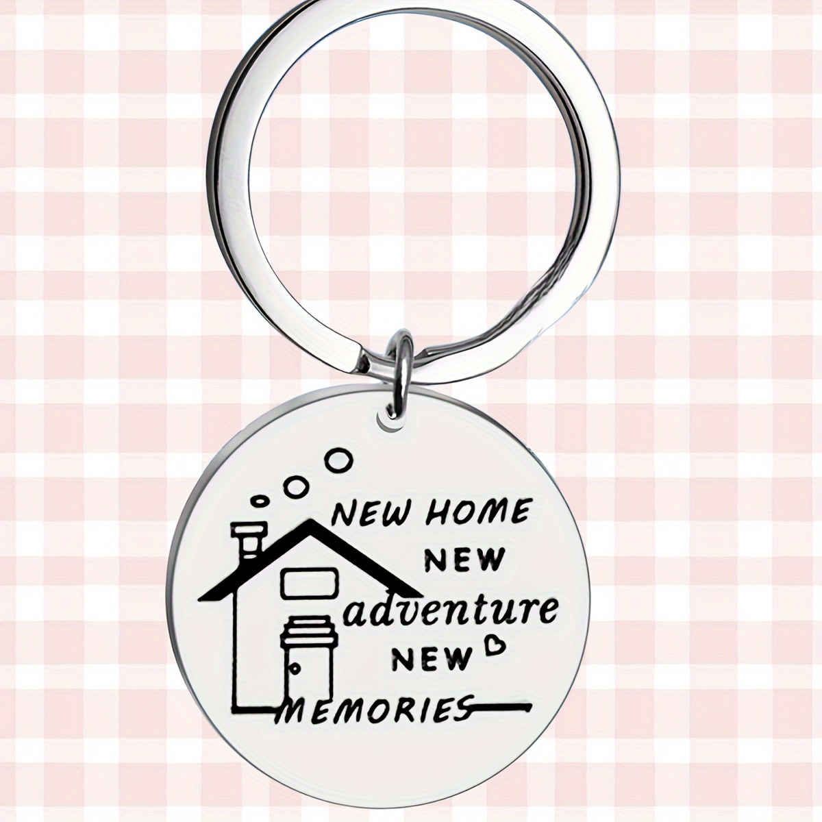 1pc Simple Sweet Home Pattern Silvery Round Keychain Stainless Steel ...
