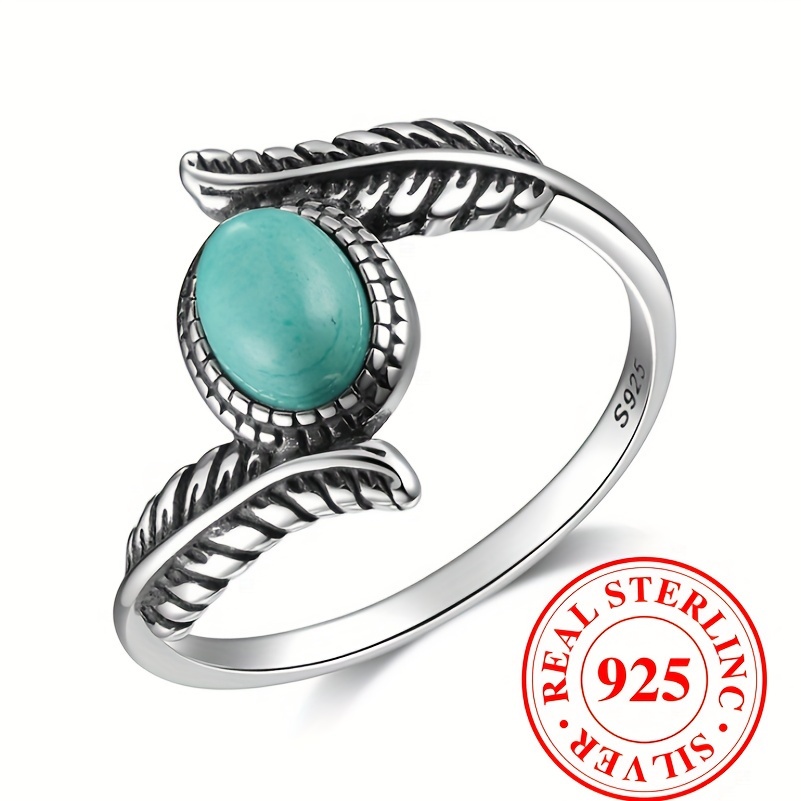 925 Sterling Silver Ring Inlaid Turquoise Retro Leaf Design - Temu ...