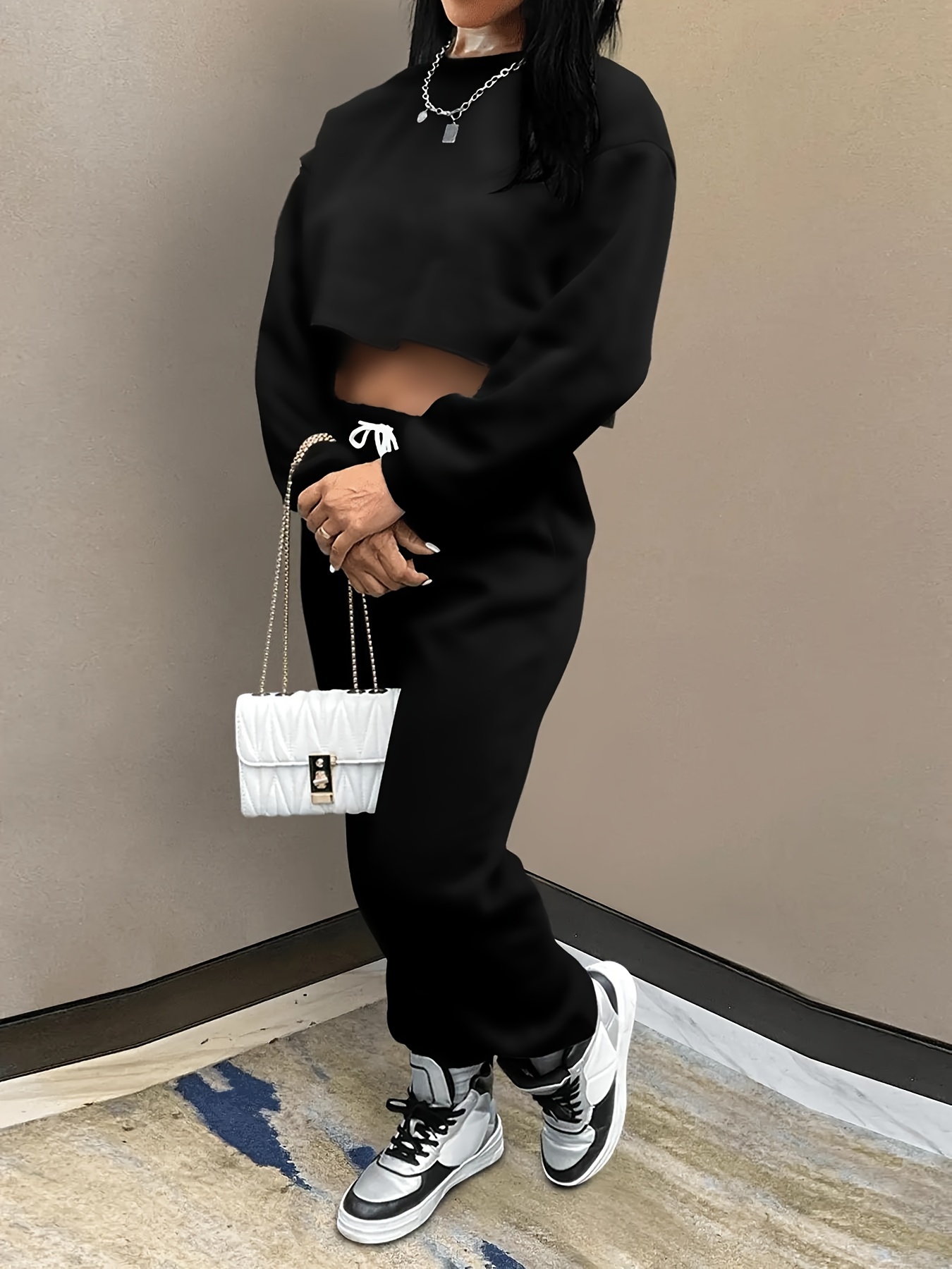 Solid Color Spring Casual Two piece Set Crew Neck Long - Temu Australia