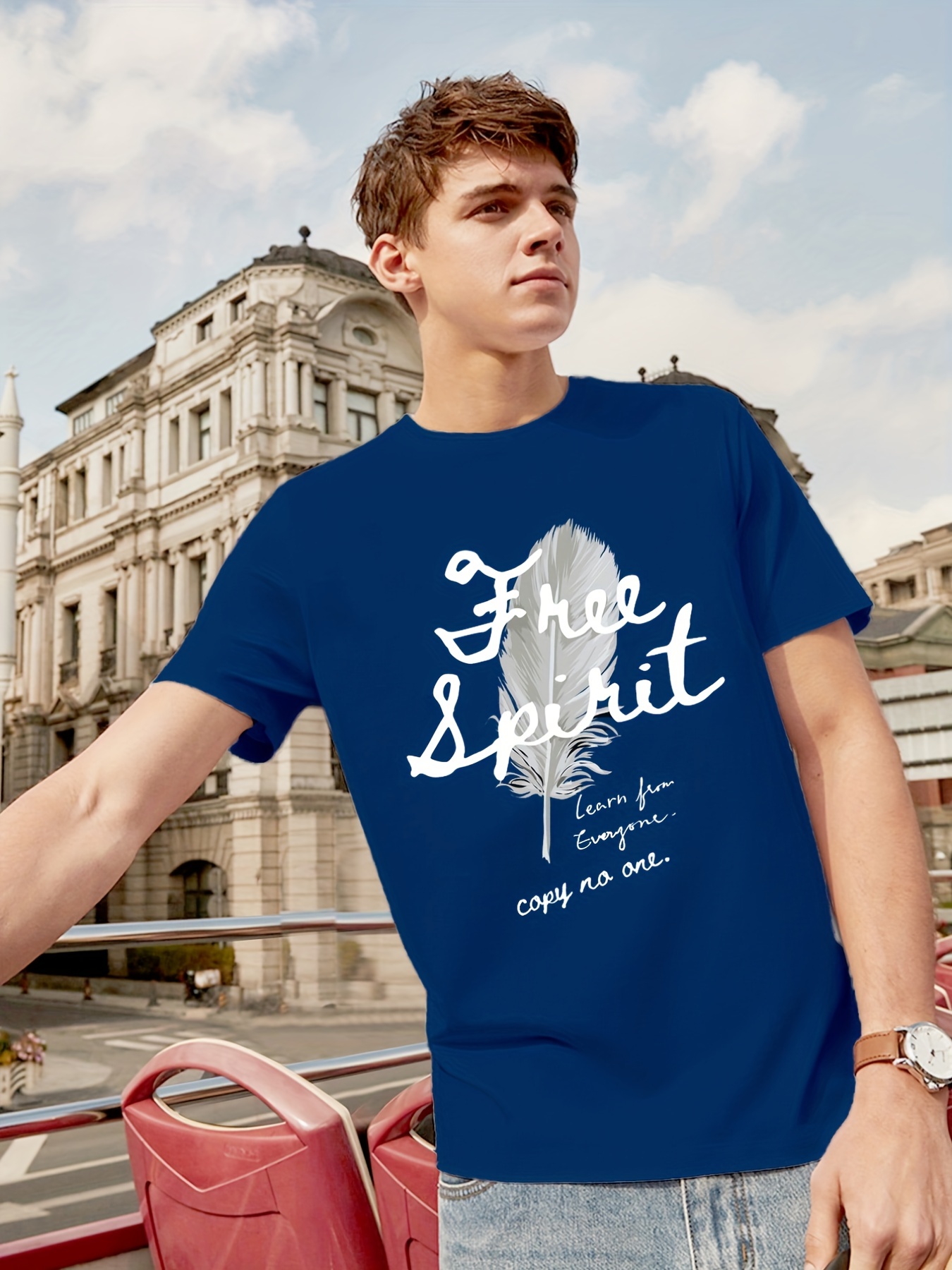 Feather Pattern And Letter Print Mens T Shirt Crew Neck Temu Australia