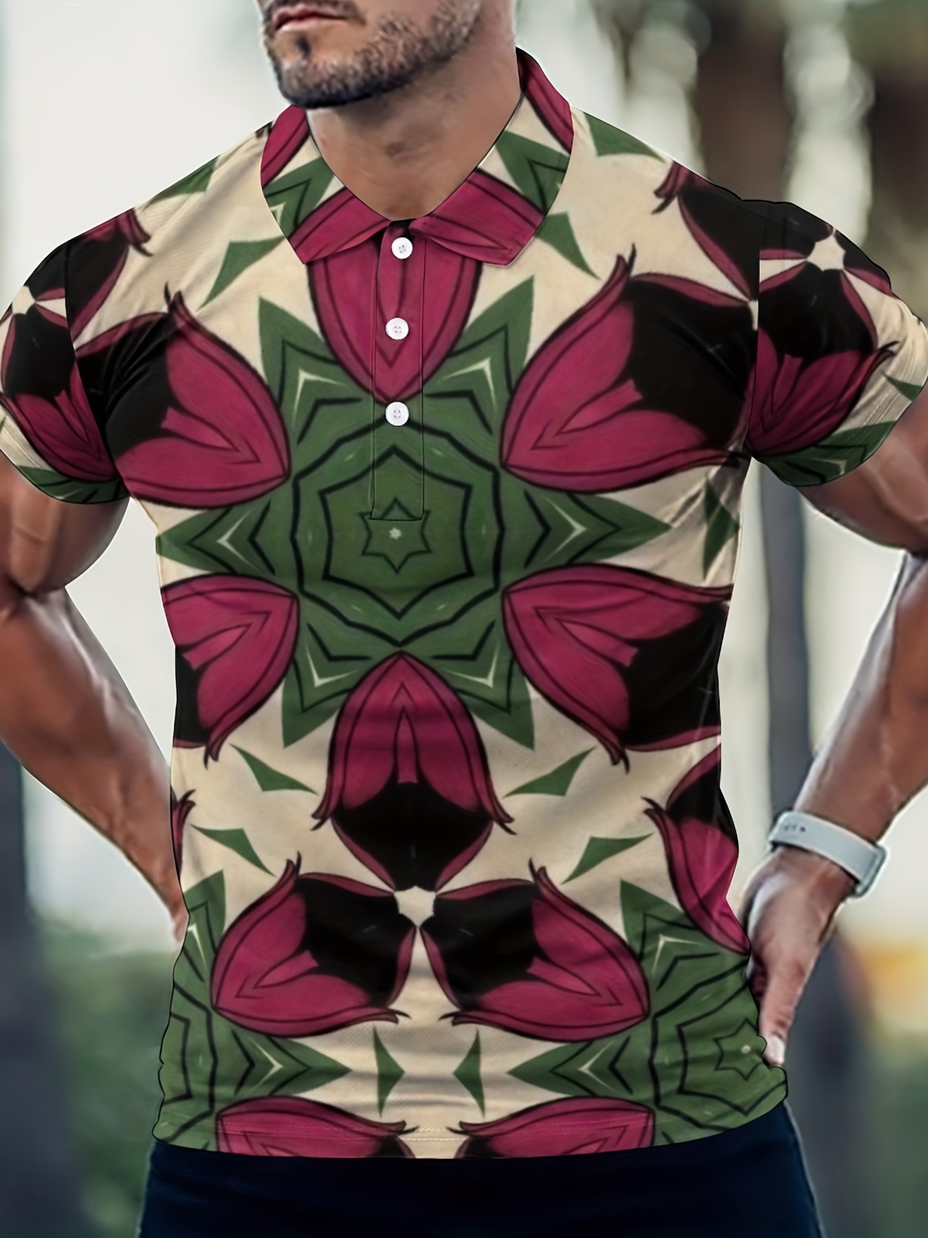 Abstract Geometric Pattern Casual Slightly Stretch Button - Temu Australia