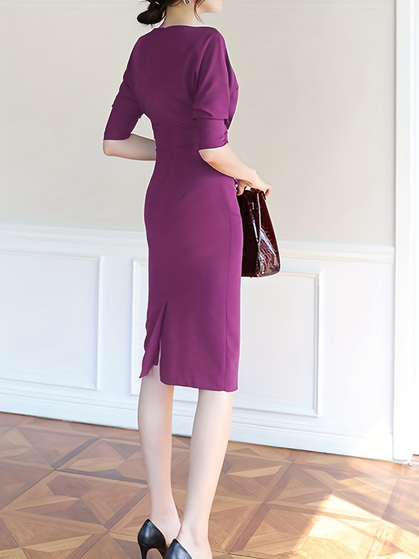 Solid Lantern Sleeve Split Dress Elegant Boat Neck Midi Temu United