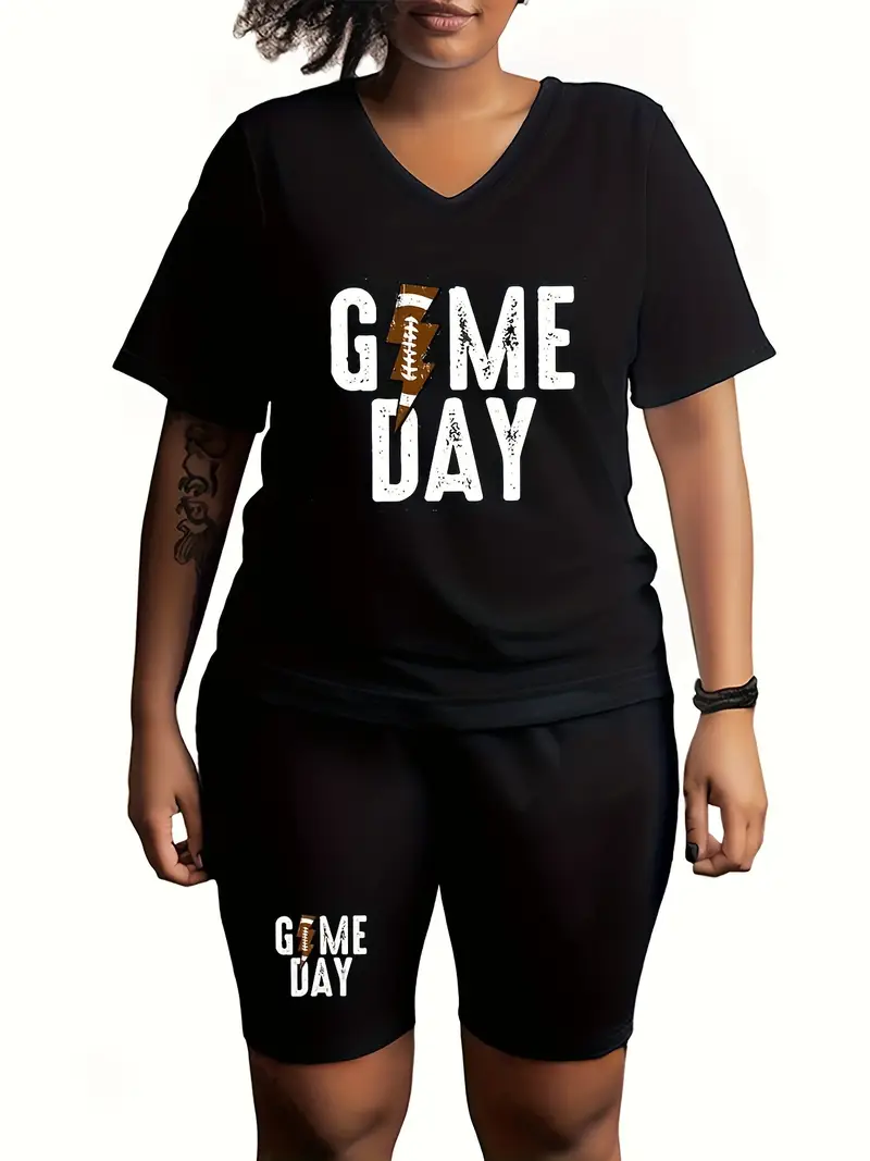 Plus Size Letter Print Two Piece Set Short Sleeve T Shirt Temu Portugal