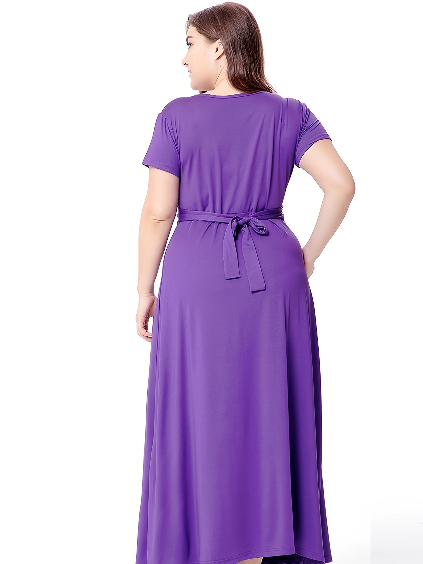 Plus Size Solid V Neck Belted Short Sleeve Maxi Dress Temu Australia