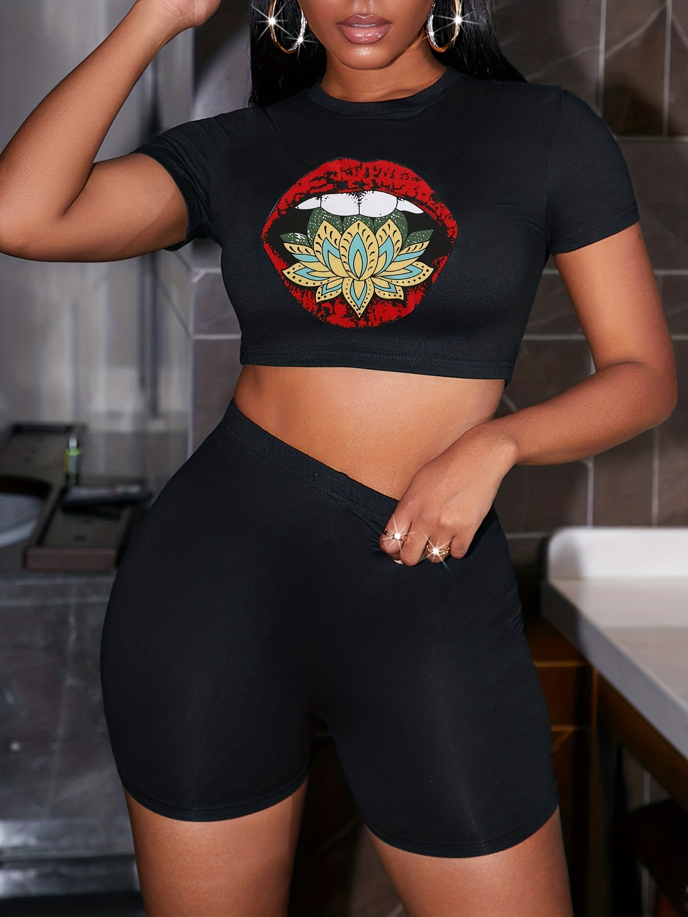 two piece tee shorts set short sleeve casual crop t shirt - Temu Australia