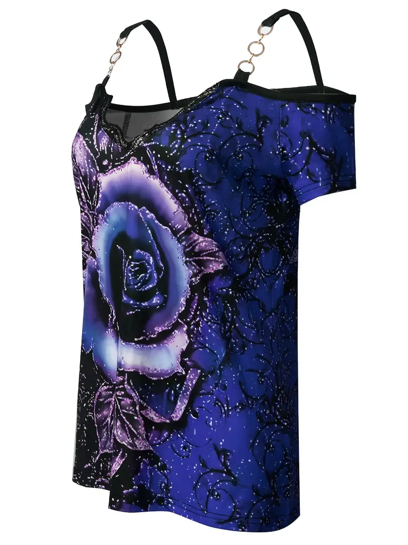 Lace Shoulder Print V Neck T Shirt Casual Loose Short Sleeve Temu