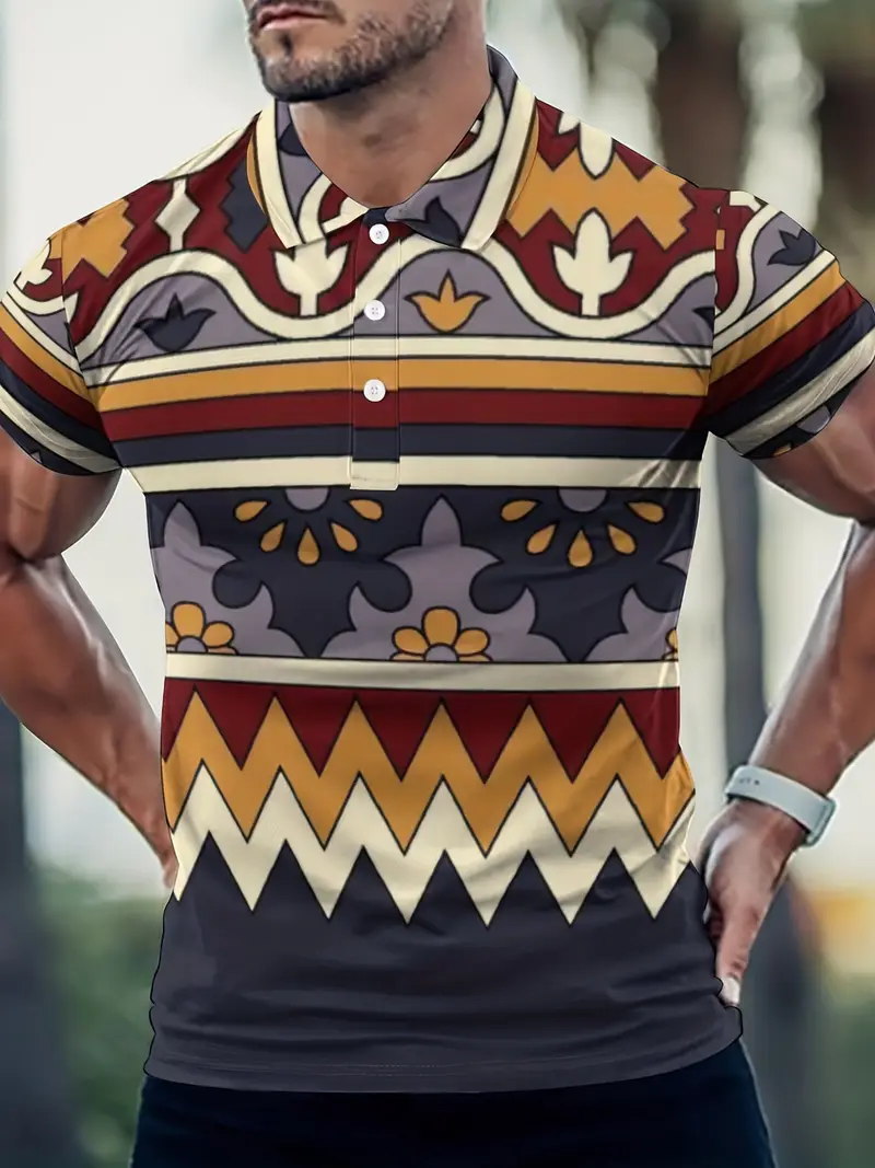 Various Print Casual Slightly Stretch Button Up Short Sleeve Polo Shirt