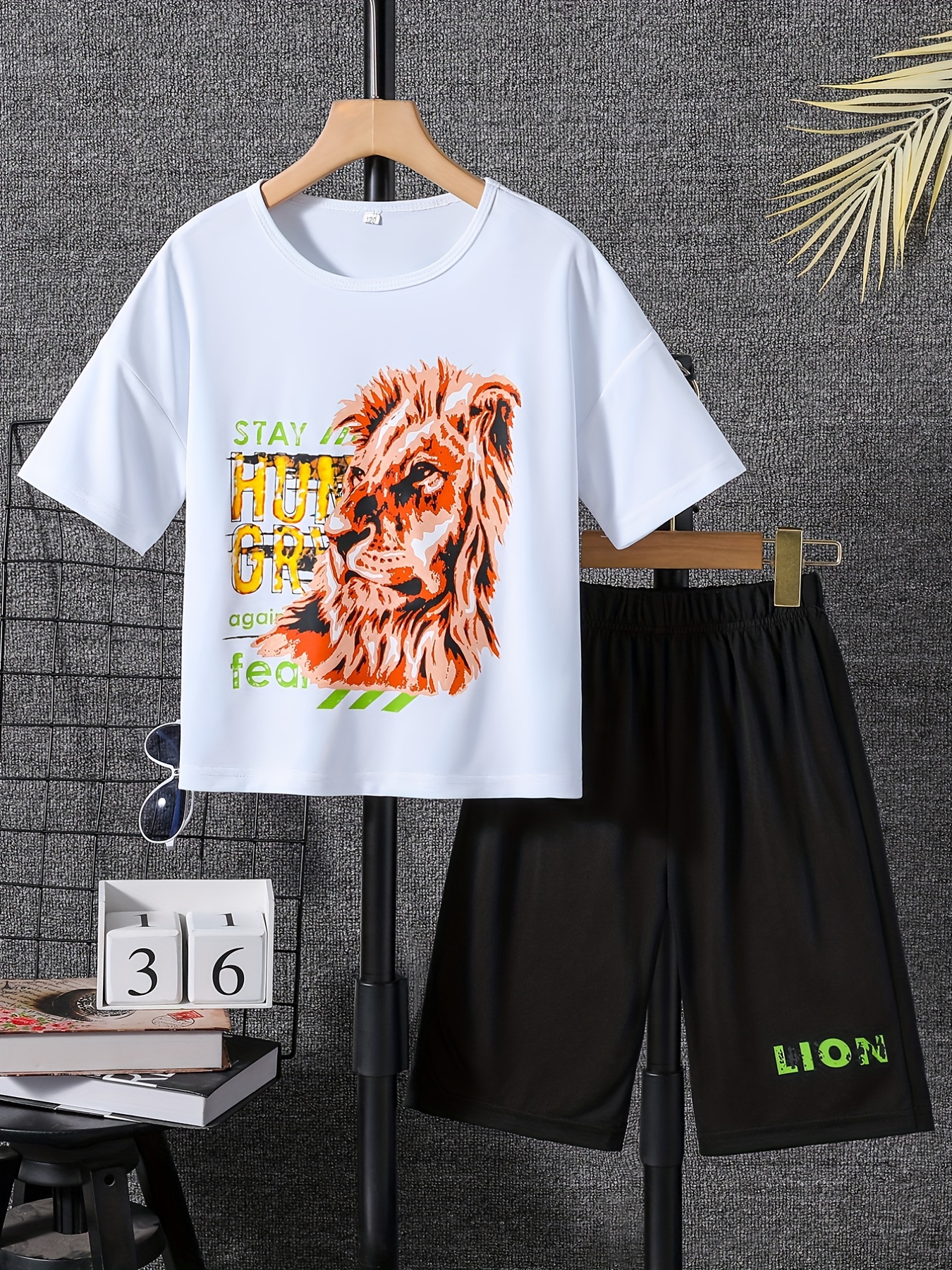 Boys Lion Graphic Casual Outfit Round Neck T shirt Shorts - Temu Australia