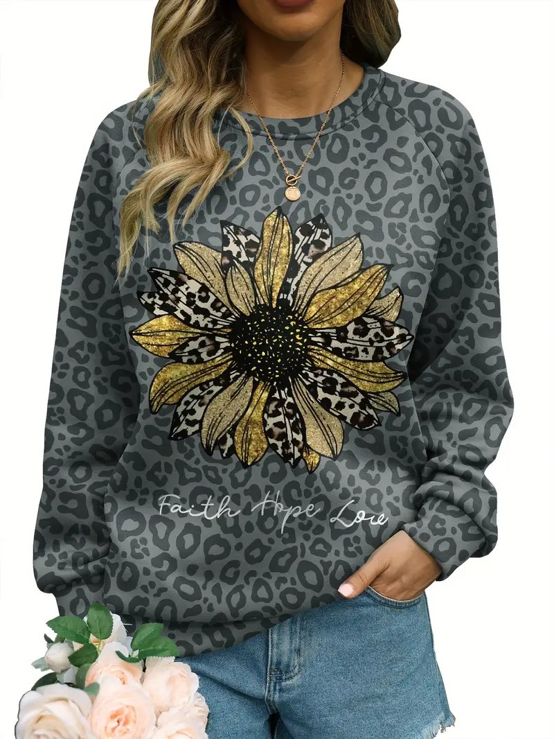 Flower Print Sweatshirt Plus Size Casual Long Sleeve Crew Temu Canada