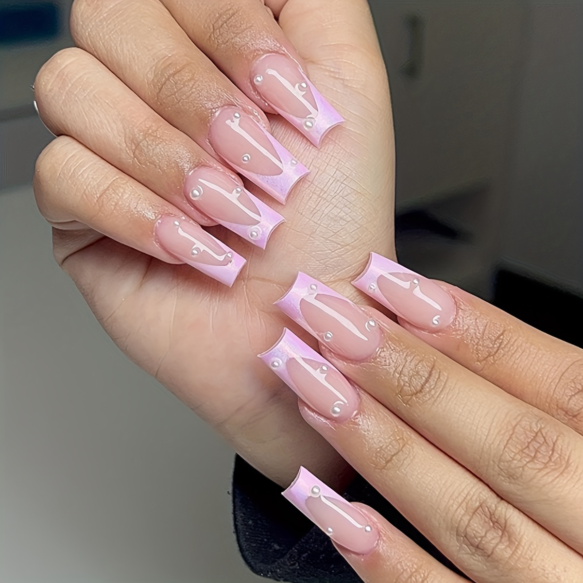 French Tip Nails, 3d Pearl Stick On Press On Nails, Medium Long Square ...