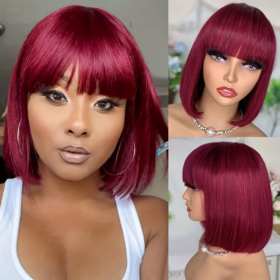 Short Bob Straight Human Hair Wigs Bangs Full Machine Made - Temu Canada