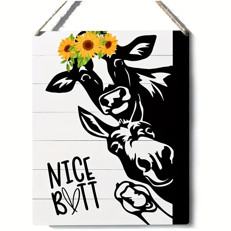 1pc Bathroom Sign Decoration Bathroom Quote Cow Sunflower Wood Sign