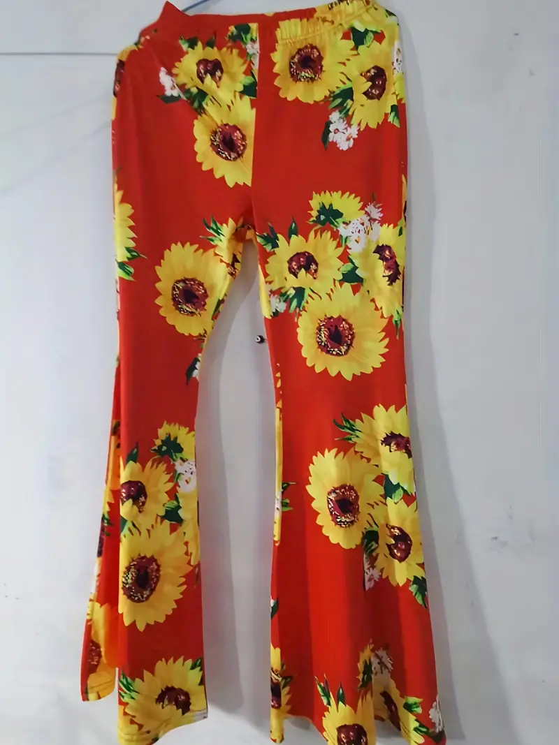 Boho Sunflower Print Flared Leg Pants Elegant High Waist Temu