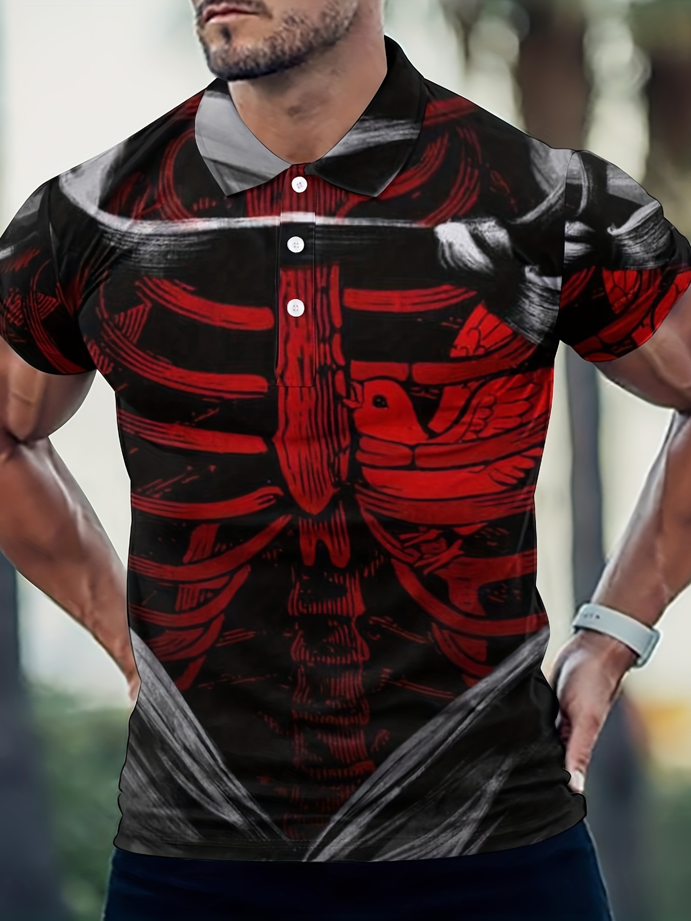 skeleton bird casual slightly stretch button short sleeve - {region_name}