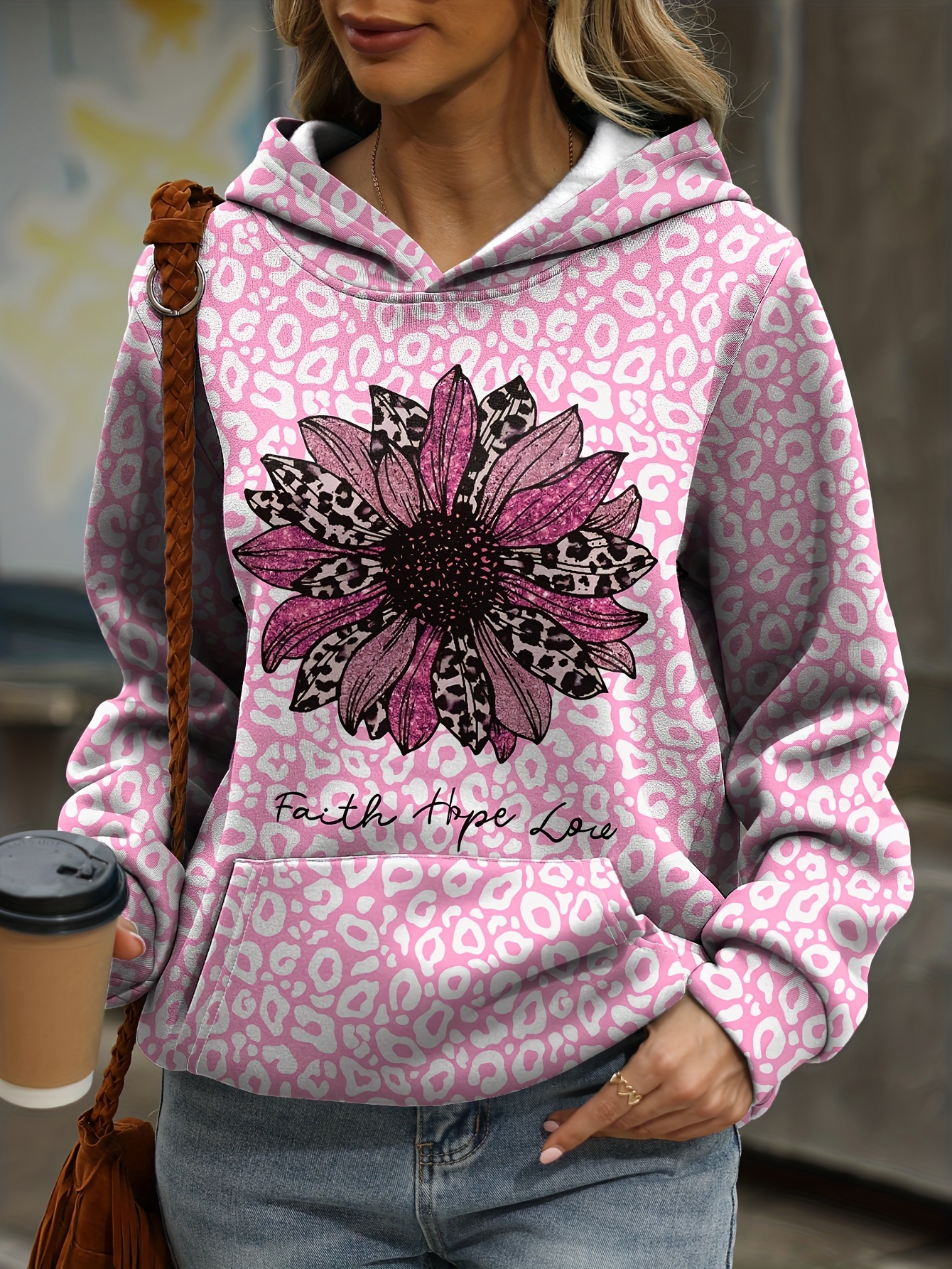 Plus Size Flower Leopard Print Hoodie Casual Kangaroo Pocket - Temu Canada